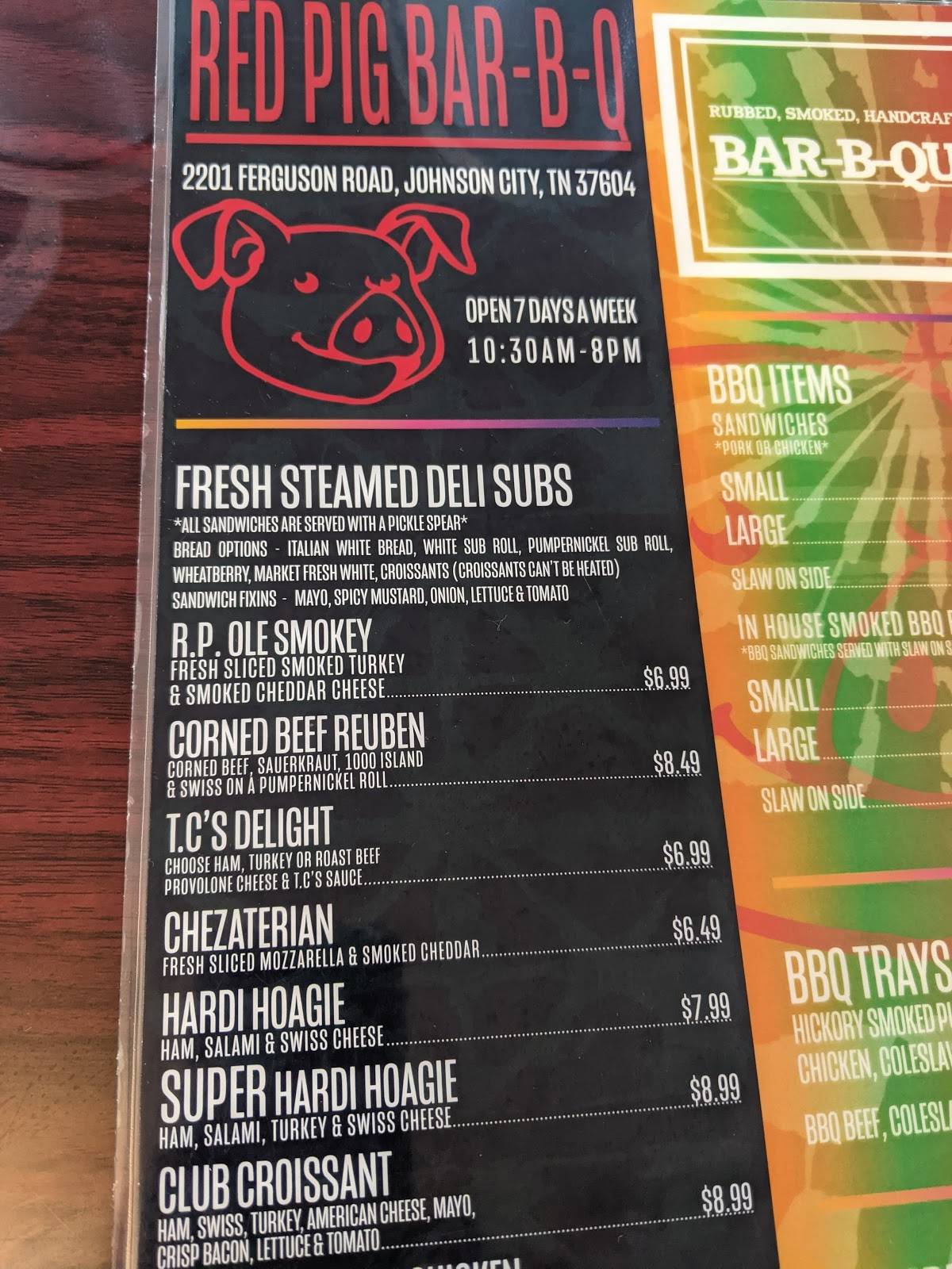 Menu at Red Pig Bar-B-Q, Johnson City