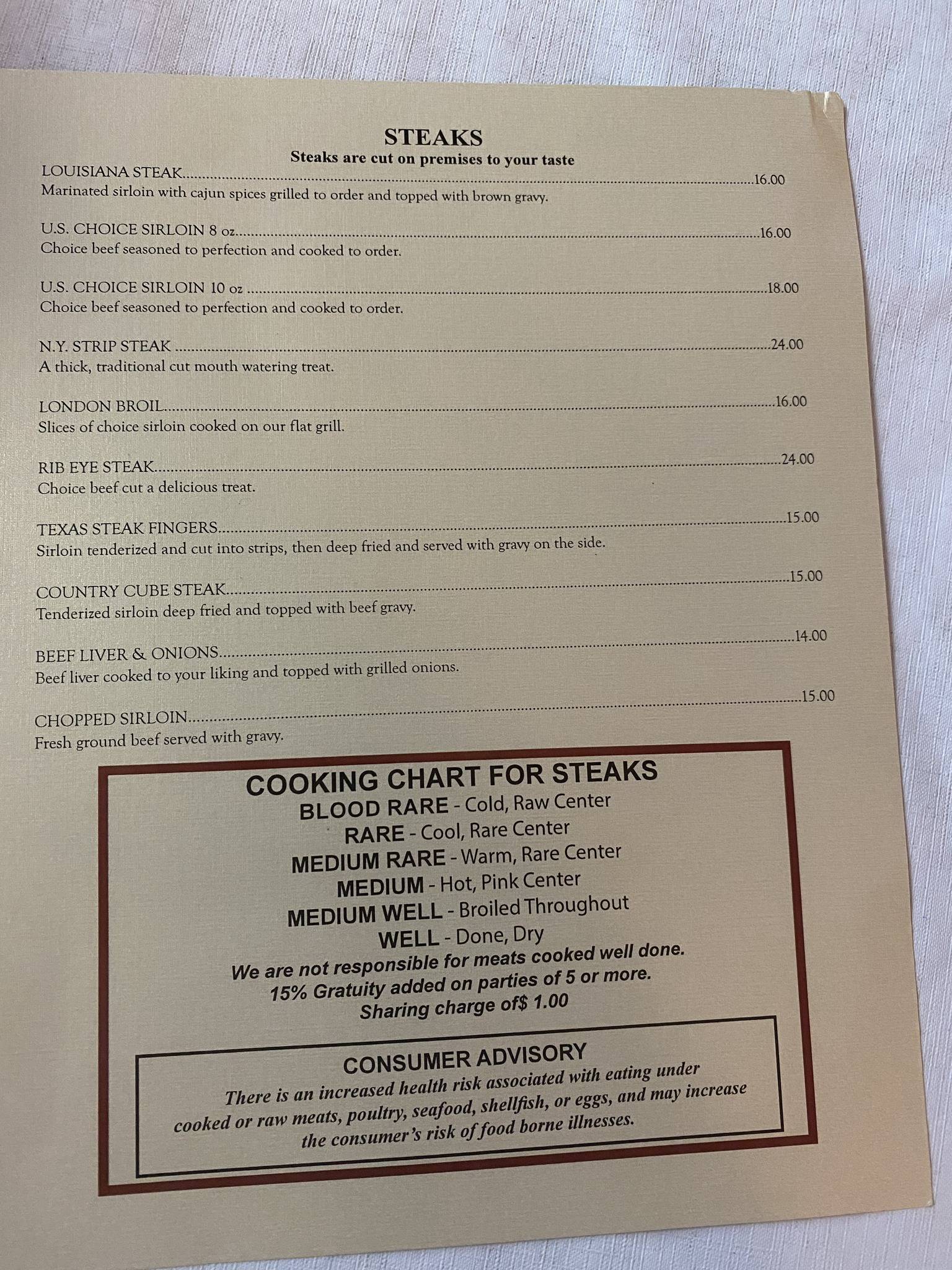 Menu at Reef N Beef Restaurant and Lounge, Arcadia, SE Hwy 70