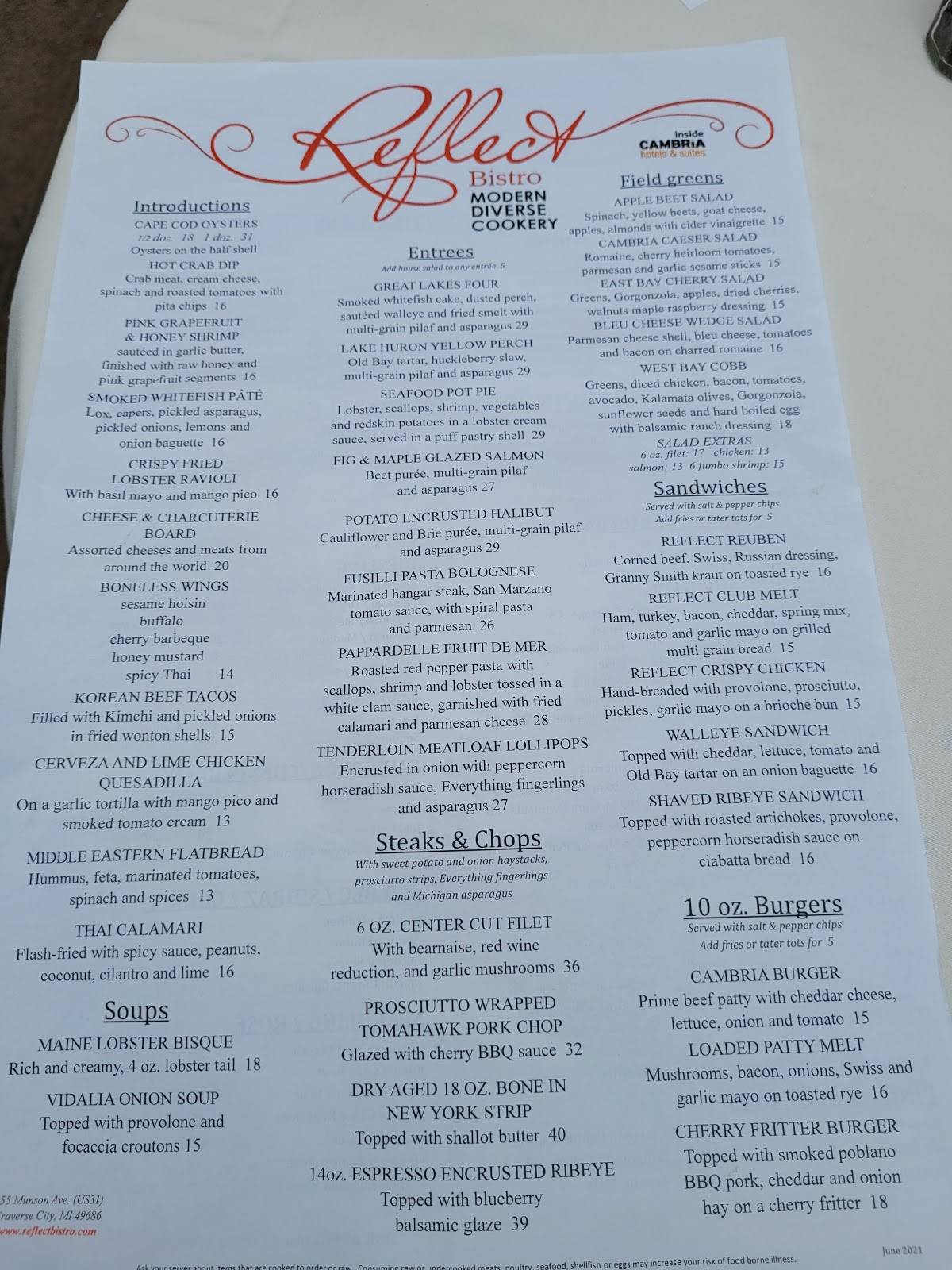 Menu at Reflect Bistro pub & bar, Traverse City