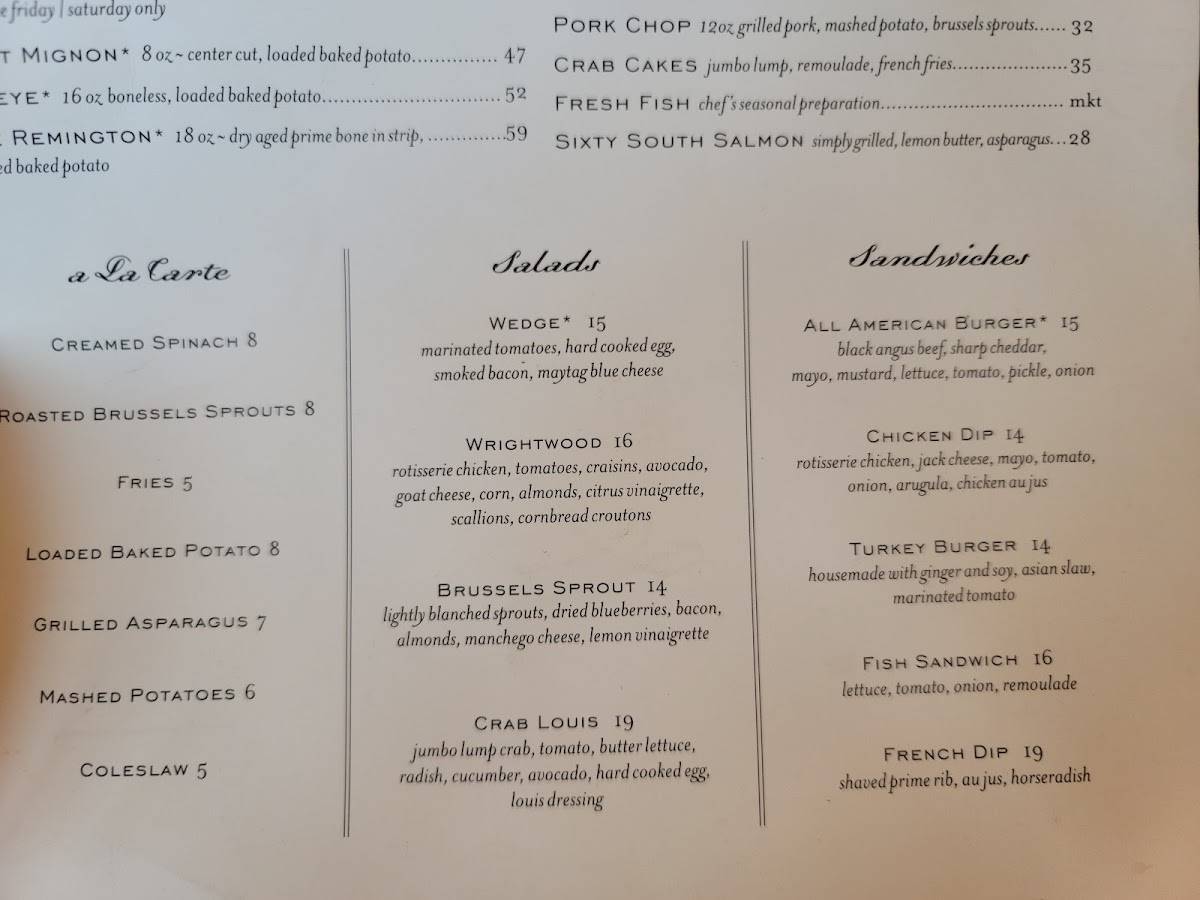 Menu at Remington's steakhouse, Chicago