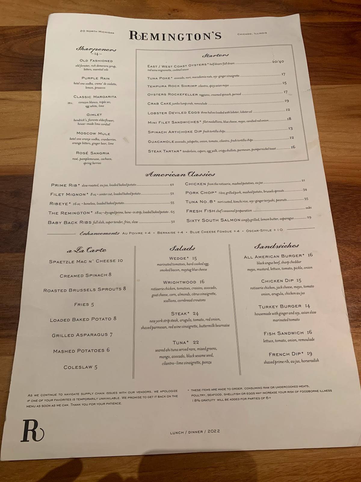 Menu at Remington's steakhouse, Chicago