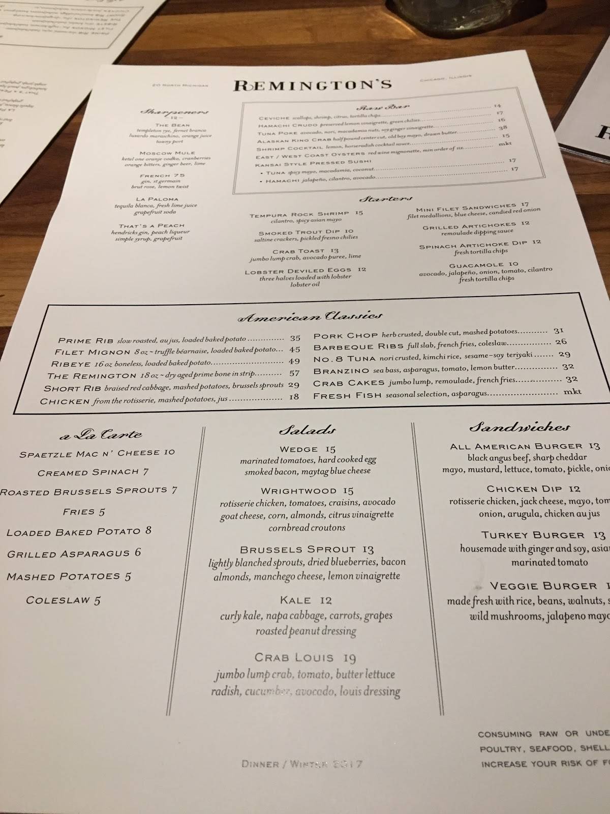 Menu at Remington's steakhouse, Chicago