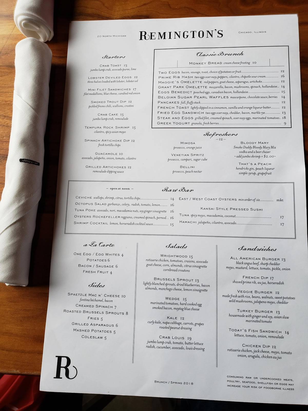 Menu at Remington's steakhouse, Chicago