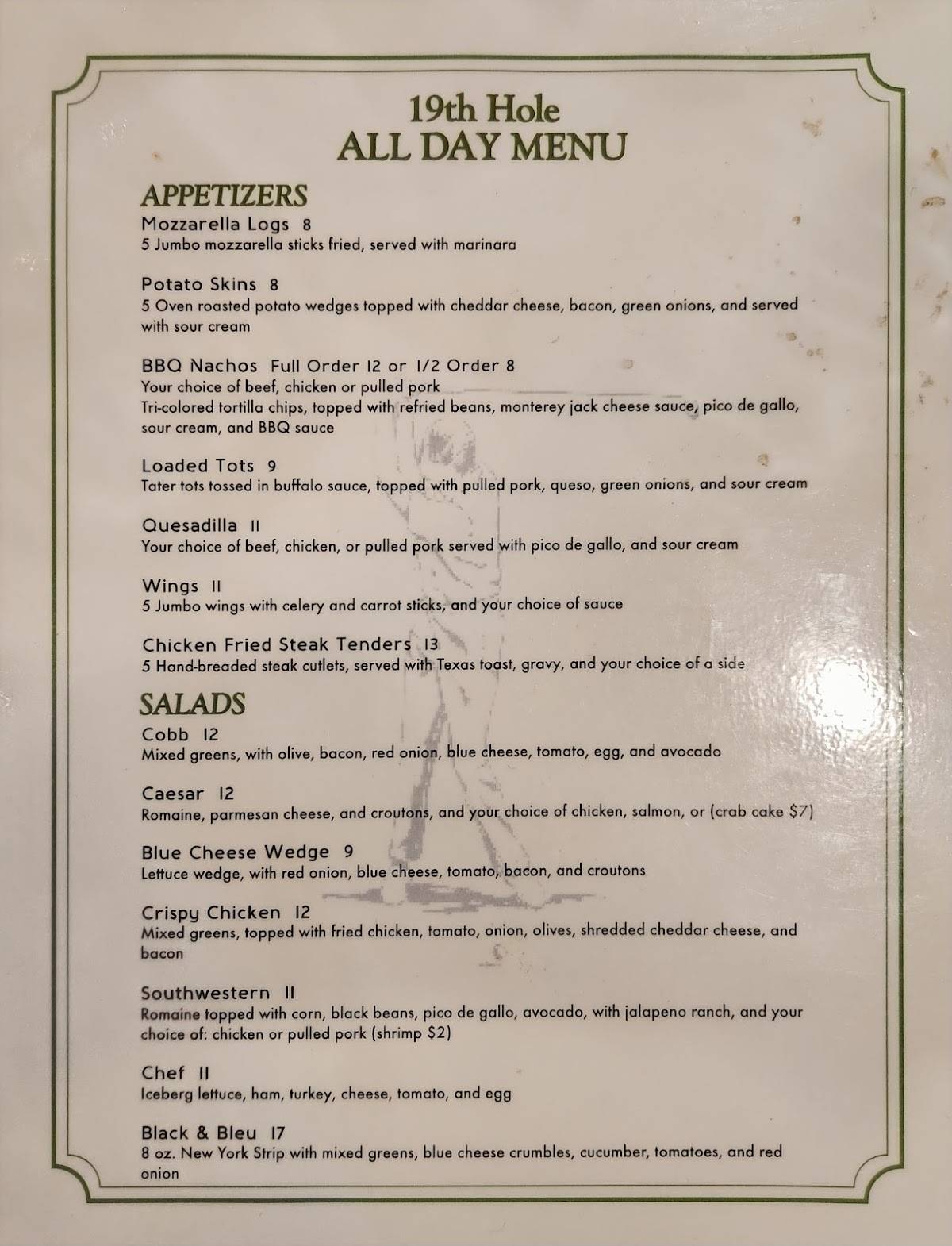 Menu at 19th Hole restaurant, Granbury