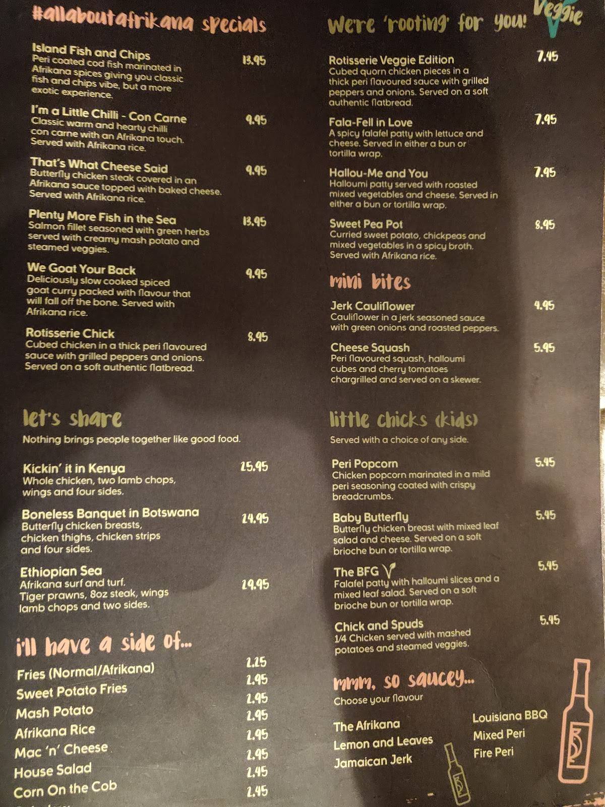 Menu at Afrikana Birmingham restaurant, Birmingham