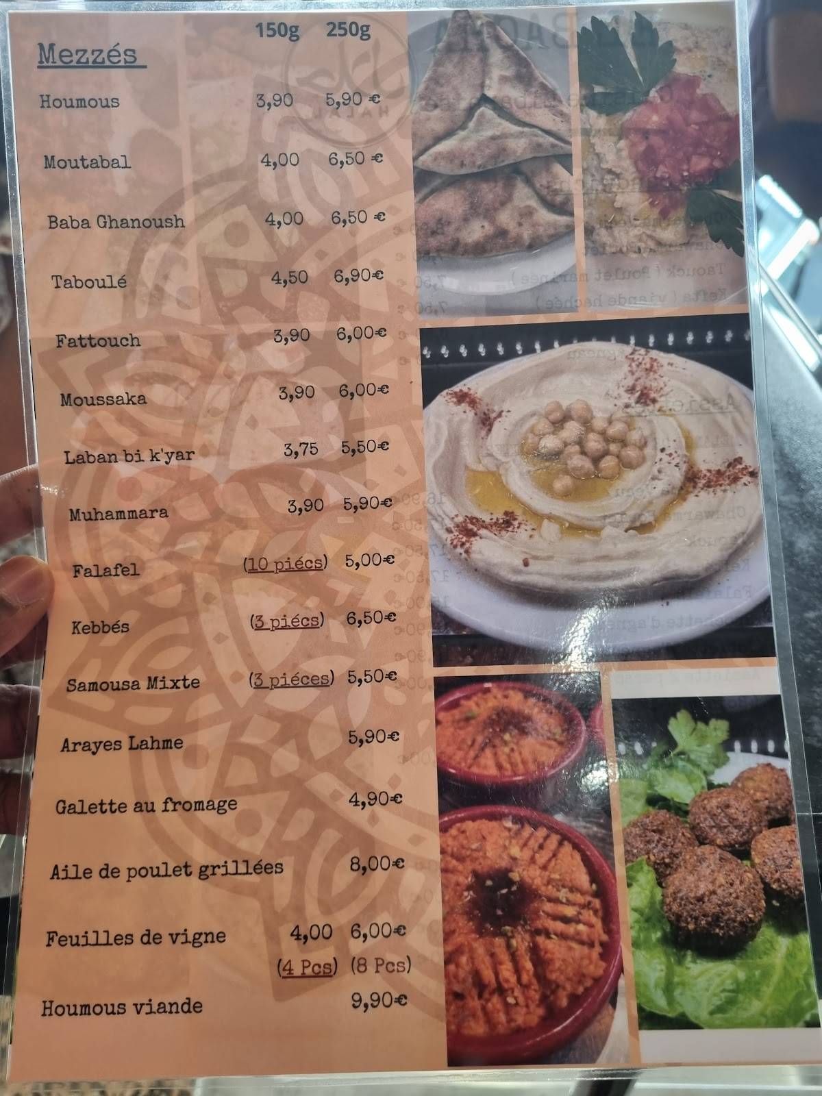Menu au Al Bacha restaurant, Lyon