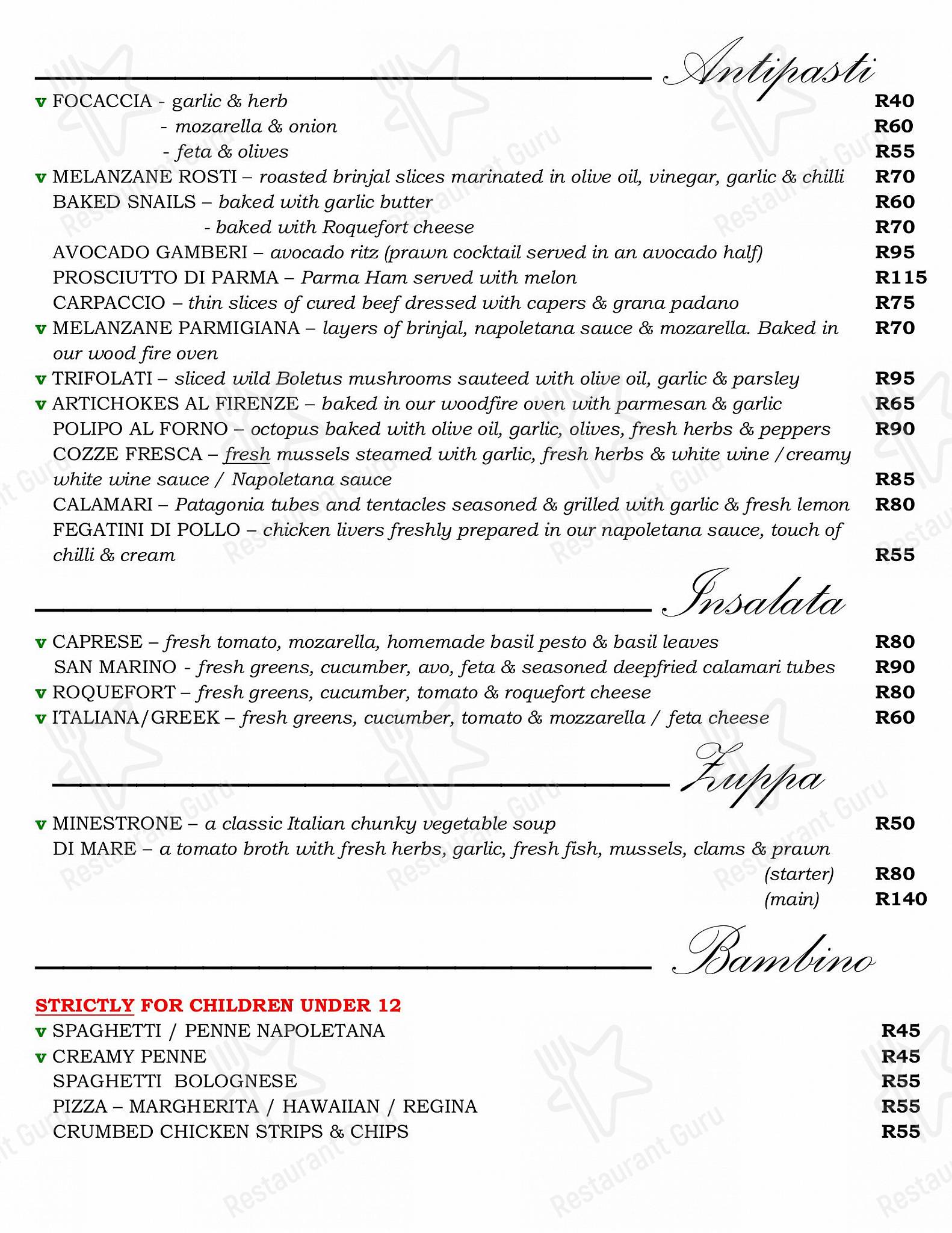 Menu at Al Firenze restaurant, Umhlanga