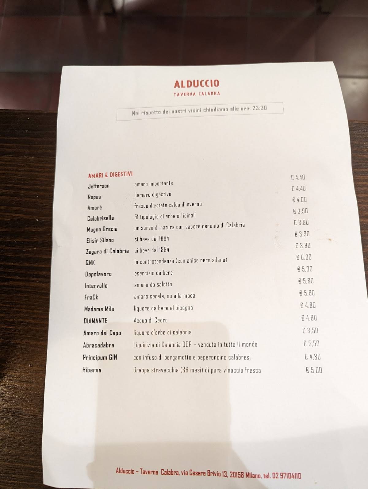 Menu at Alduccio - Taverna Calabra restaurant, Milan