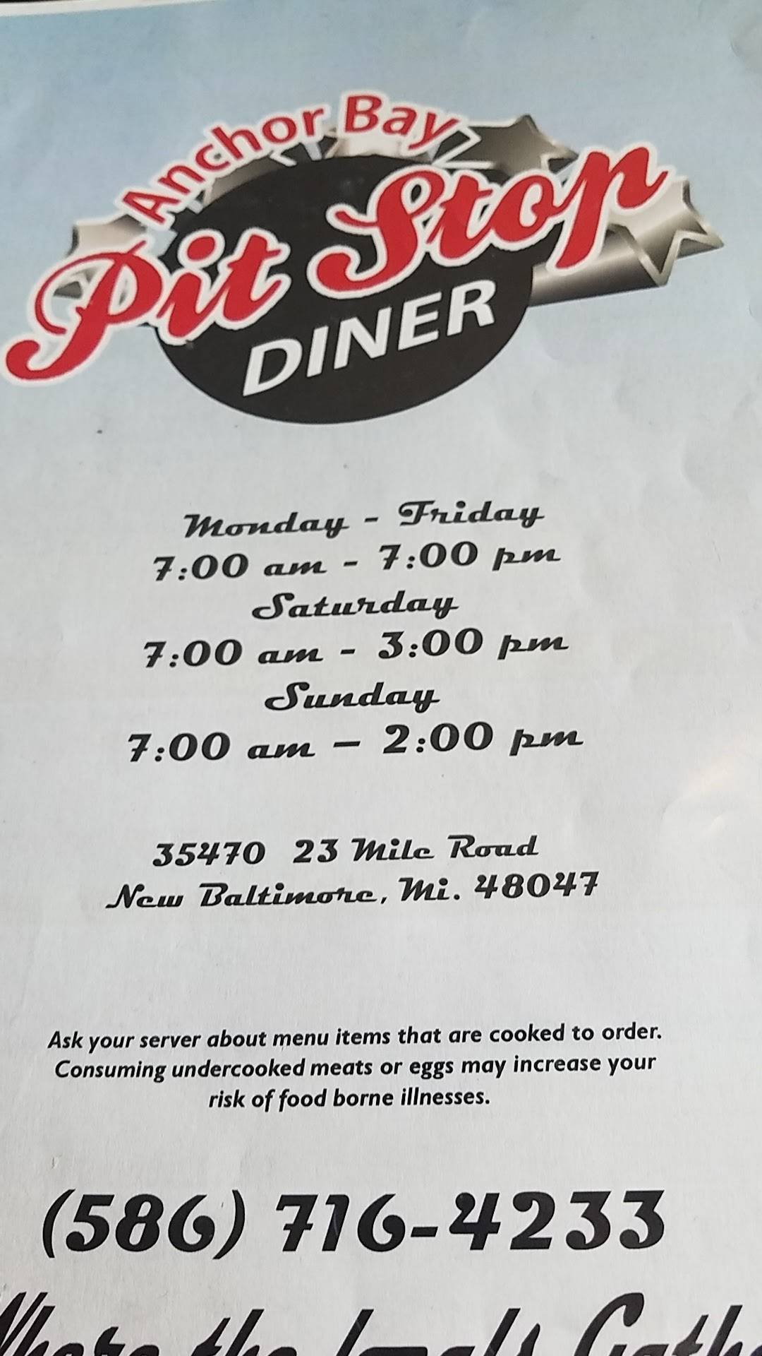 Menu at Anchor Bay Pit Stop Diner restaurant, New Baltimore