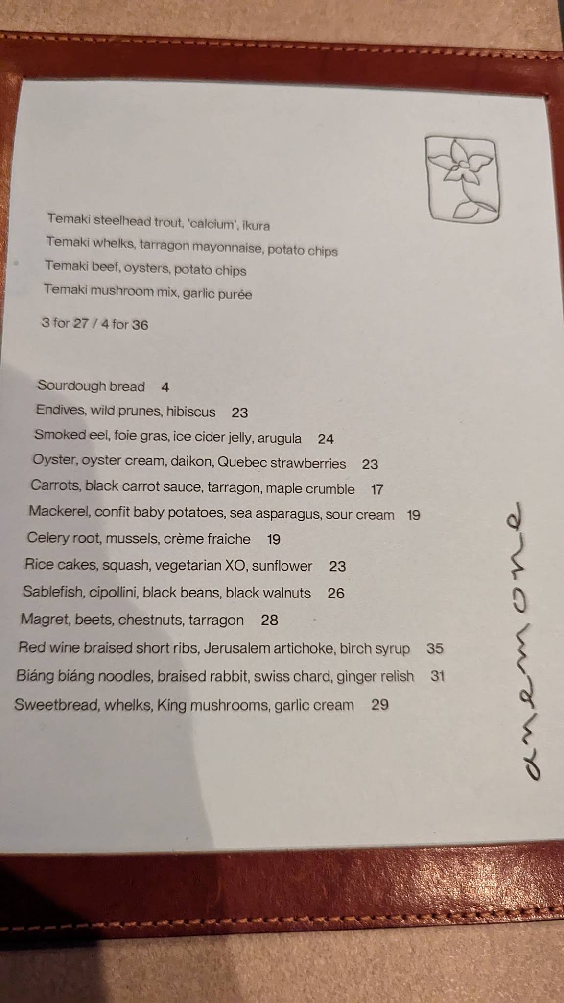 Menu au Anemone restaurant, Montréal