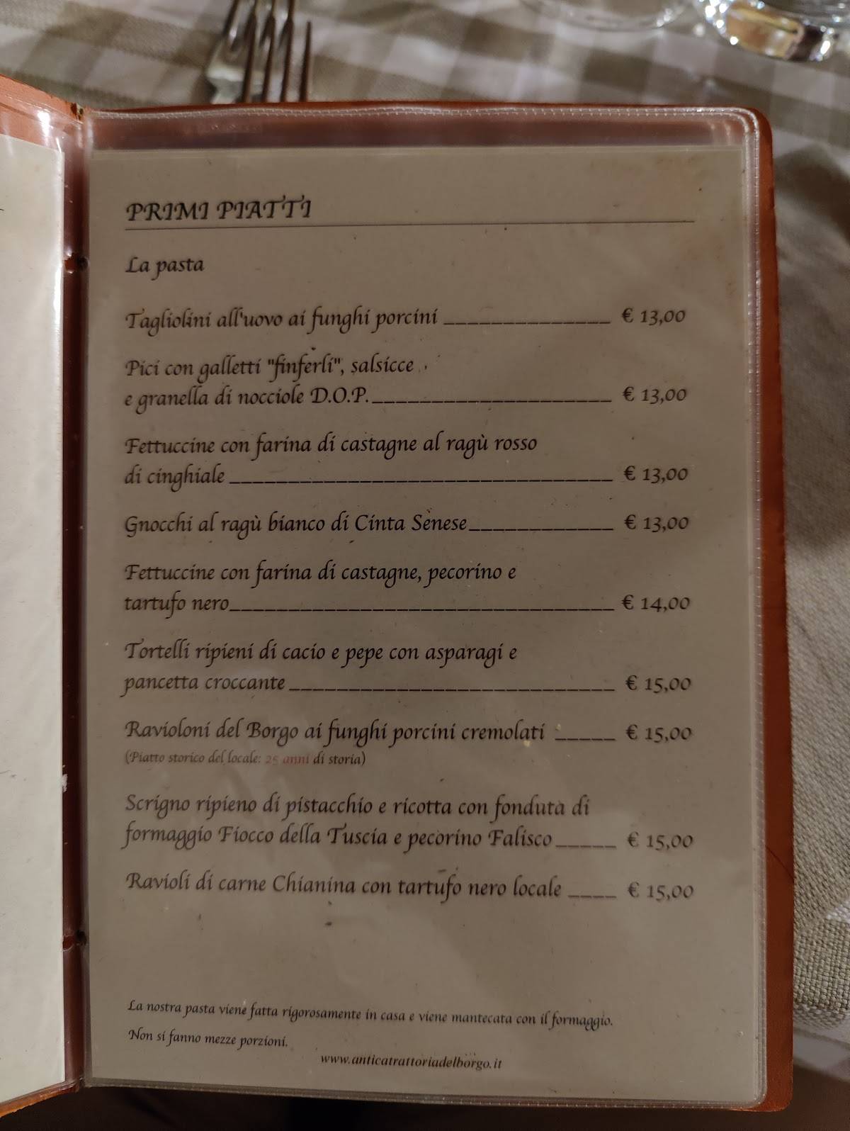 Menu da Antica Trattoria del Borgo ristorante, Caprarola