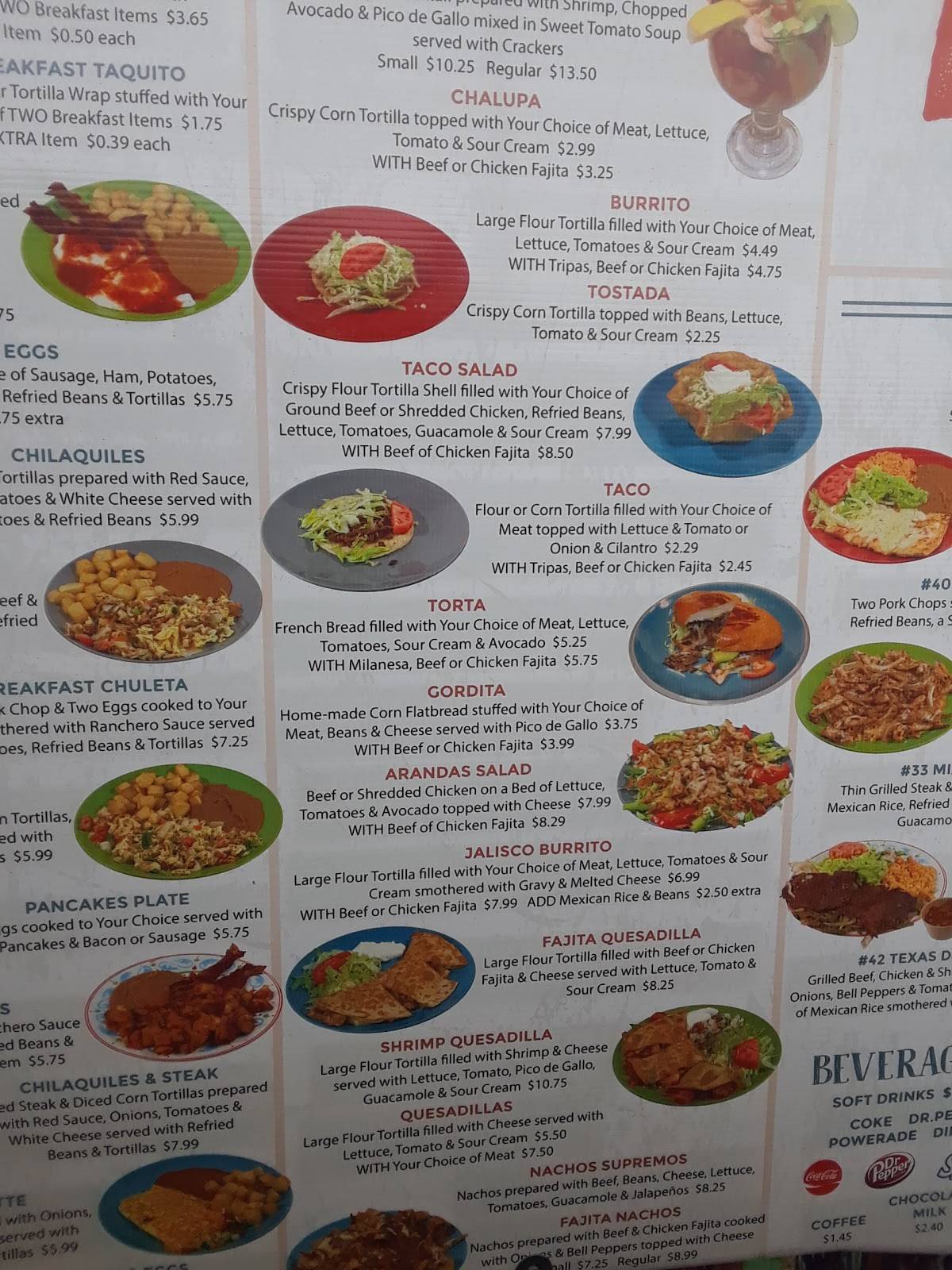 Menu at Arandas Taqueria restaurant, Slaton