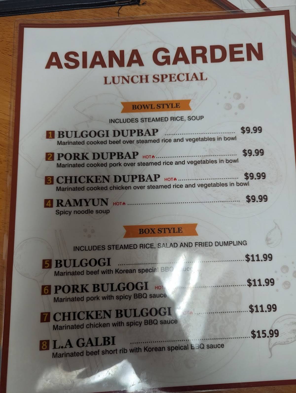 Menu at Asiana Garden Restaurant, Memphis