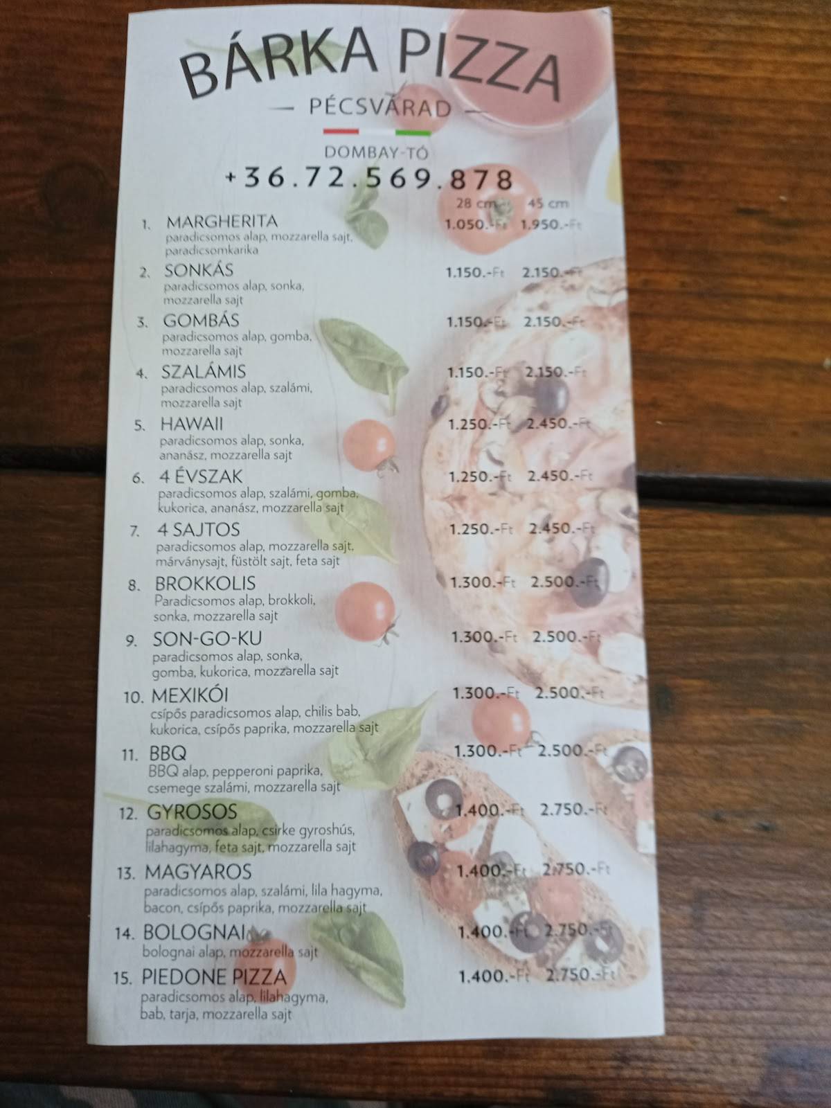 Menu at Bárka Pizza restaurant, Pécsvárad