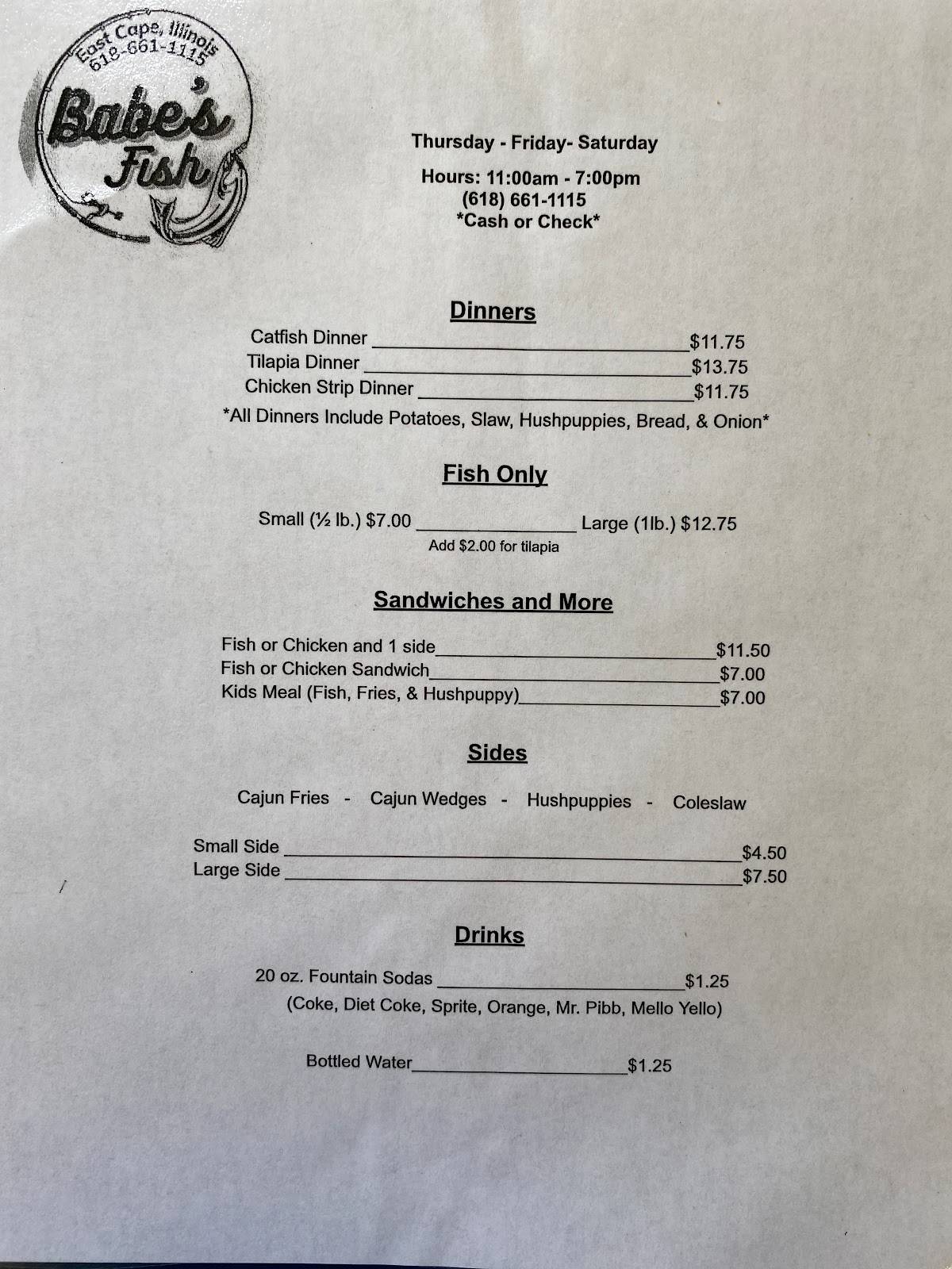 Menu at Babe's Fish Wagon restaurant, East Cape Girardeau, Virginia Dr