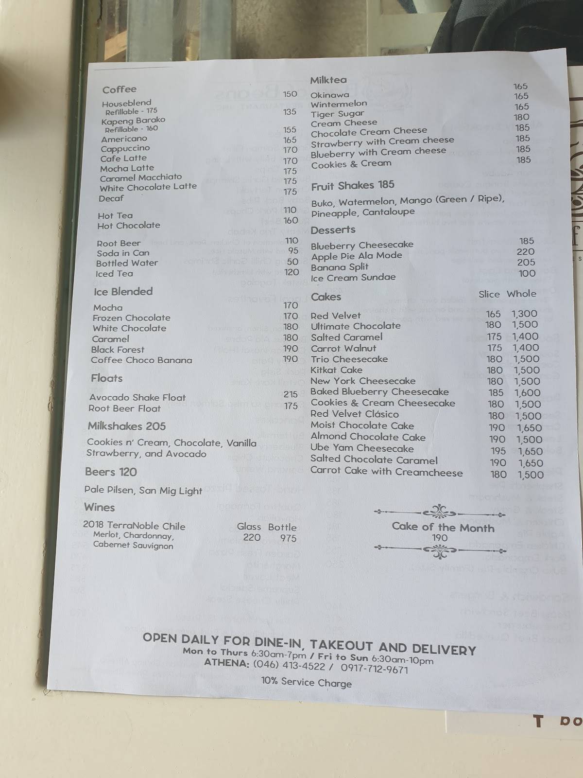 Menu at Bag of Beans Athena Branch restaurant, Tagaytay, Gen. E
