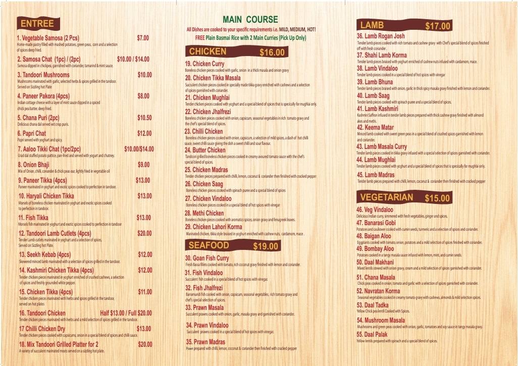 Menu at Ballarat Indian Restaurant, Golden Point