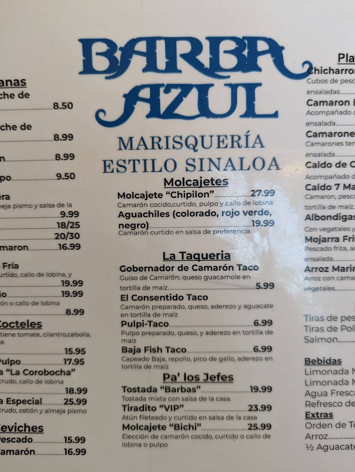 Menu at Barba Azul, Seaside