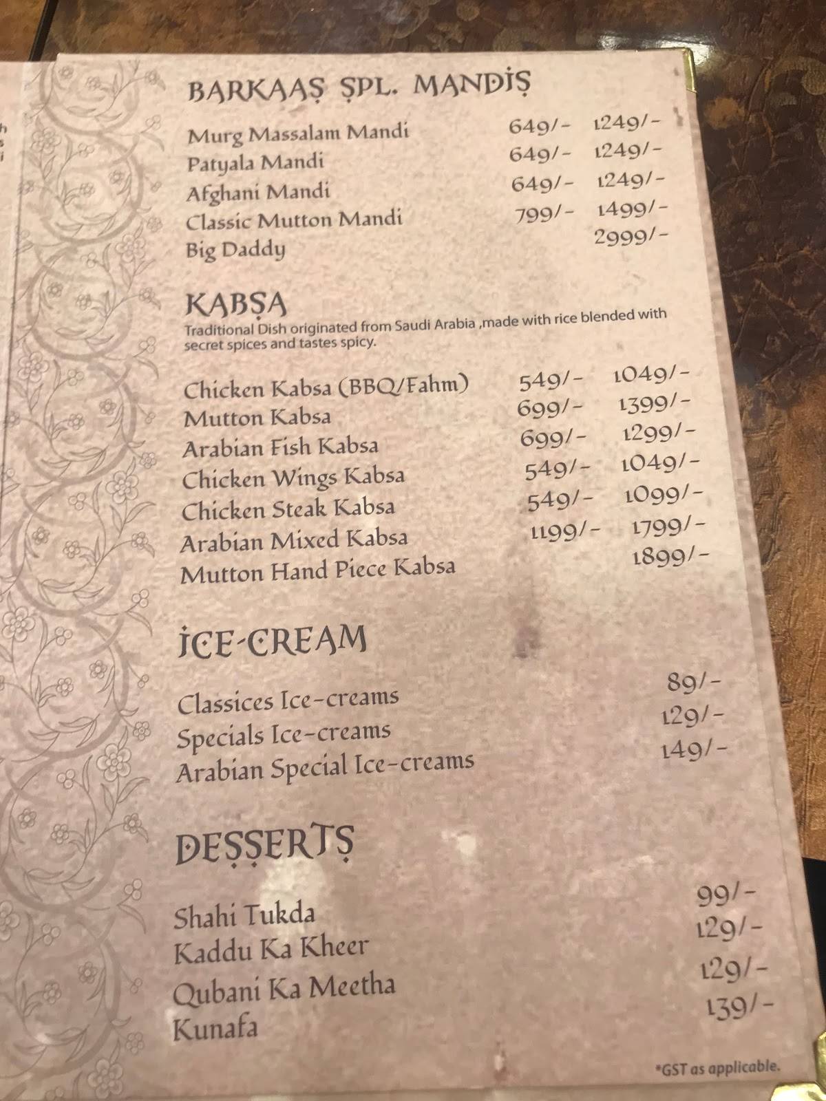 Menu at Barkaas Indo-Arabic Restaurant, Lucknow