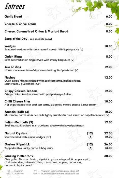 Menu at The Blacksmith's Inn restaurant, One Tree Hill