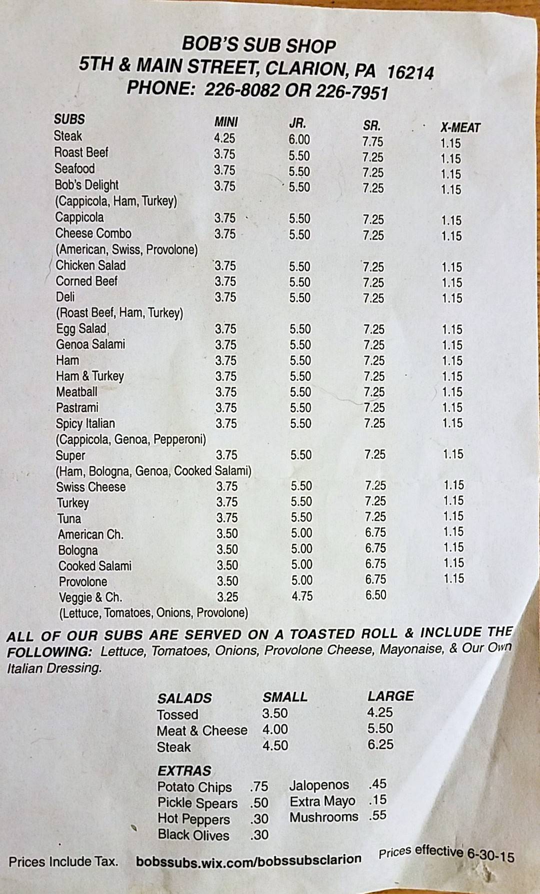 Menu at Bob's Sub & Sandwich Shop restaurant, Clarion