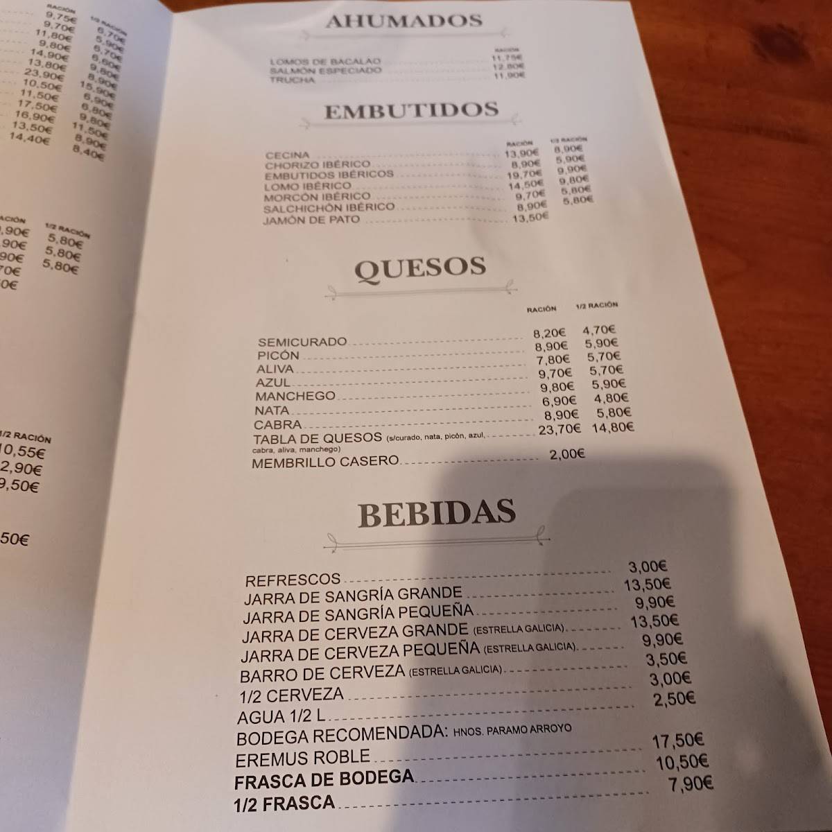 Carta del restaurante Bodega La Conveniente, Santander