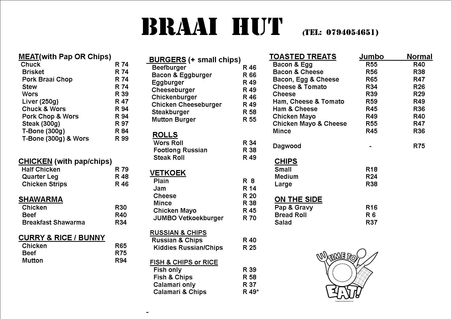 Menu at Braai Hut restaurant, Scottburgh