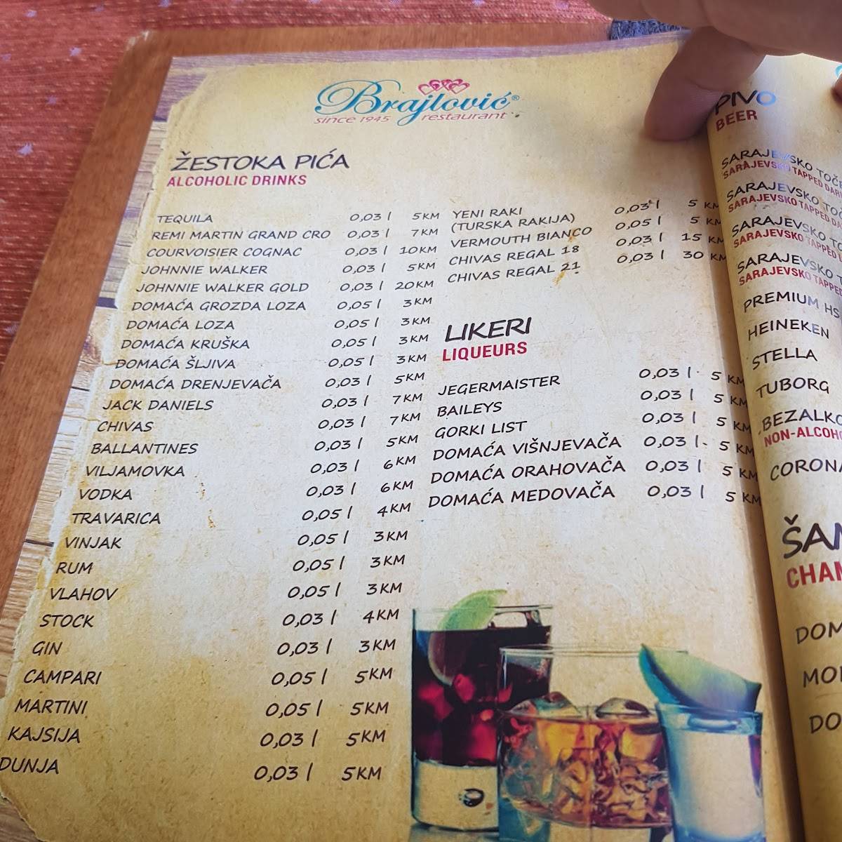 Menu at Brajlović restaurant, Ilidža, Samira Ćatovića Kobre 6