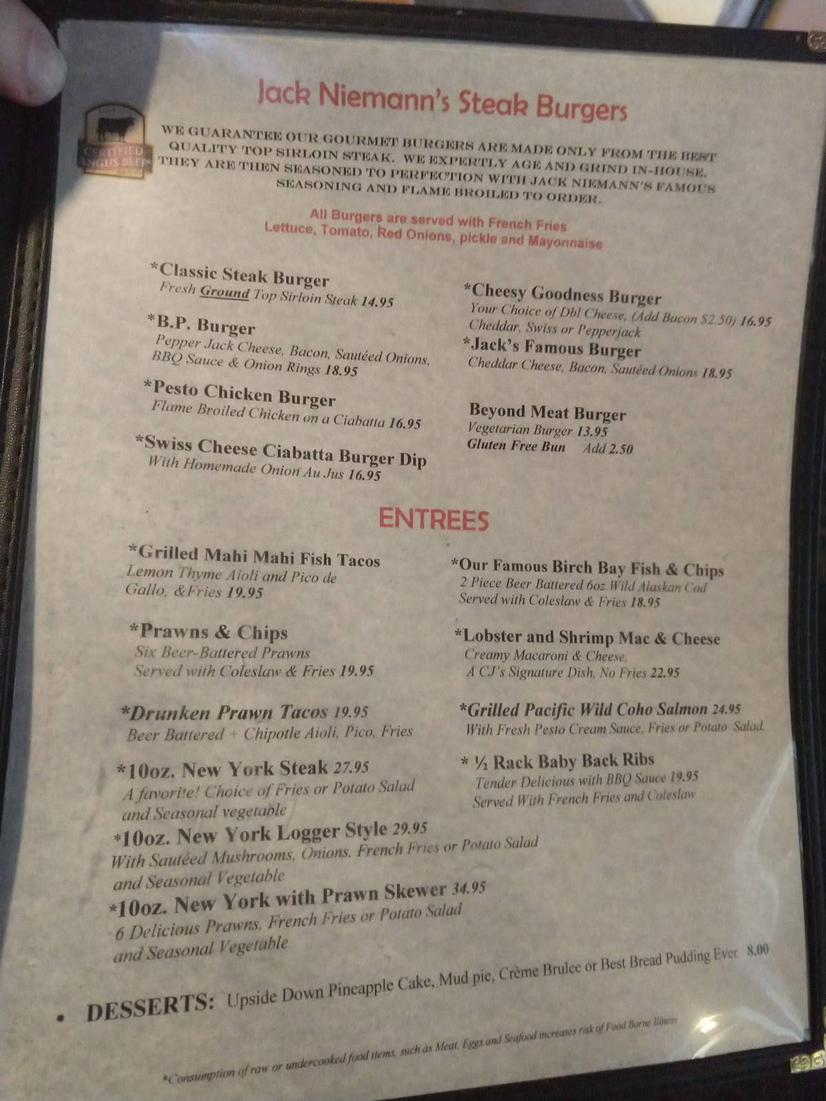 Menu at CJ's Beach House restaurant, Birch Bay