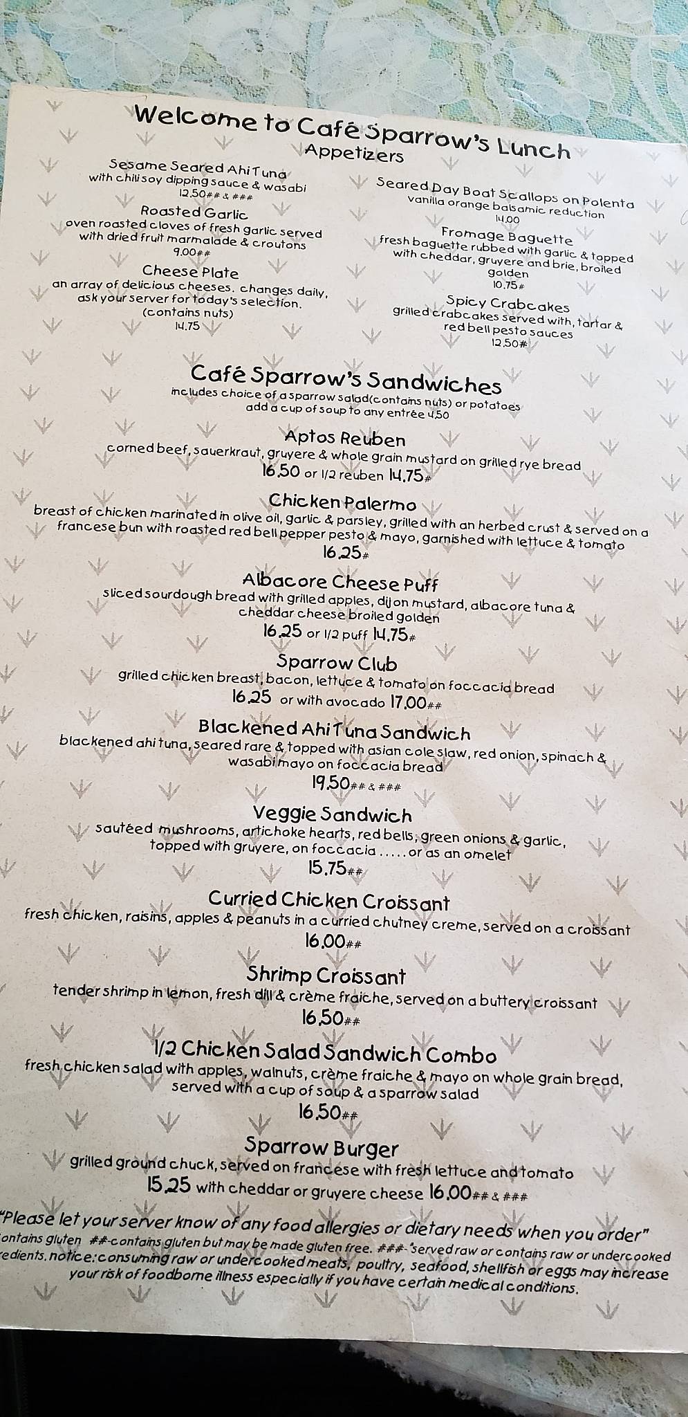 Menu at Café Sparrow restaurant, Aptos