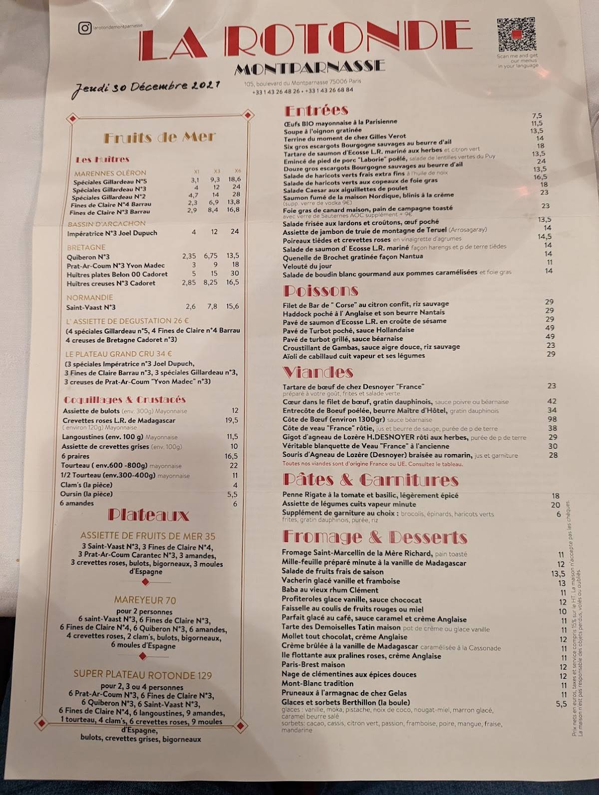 Menu au La Rotonde restaurant, Paris, 105 Boulevard du Montparnasse