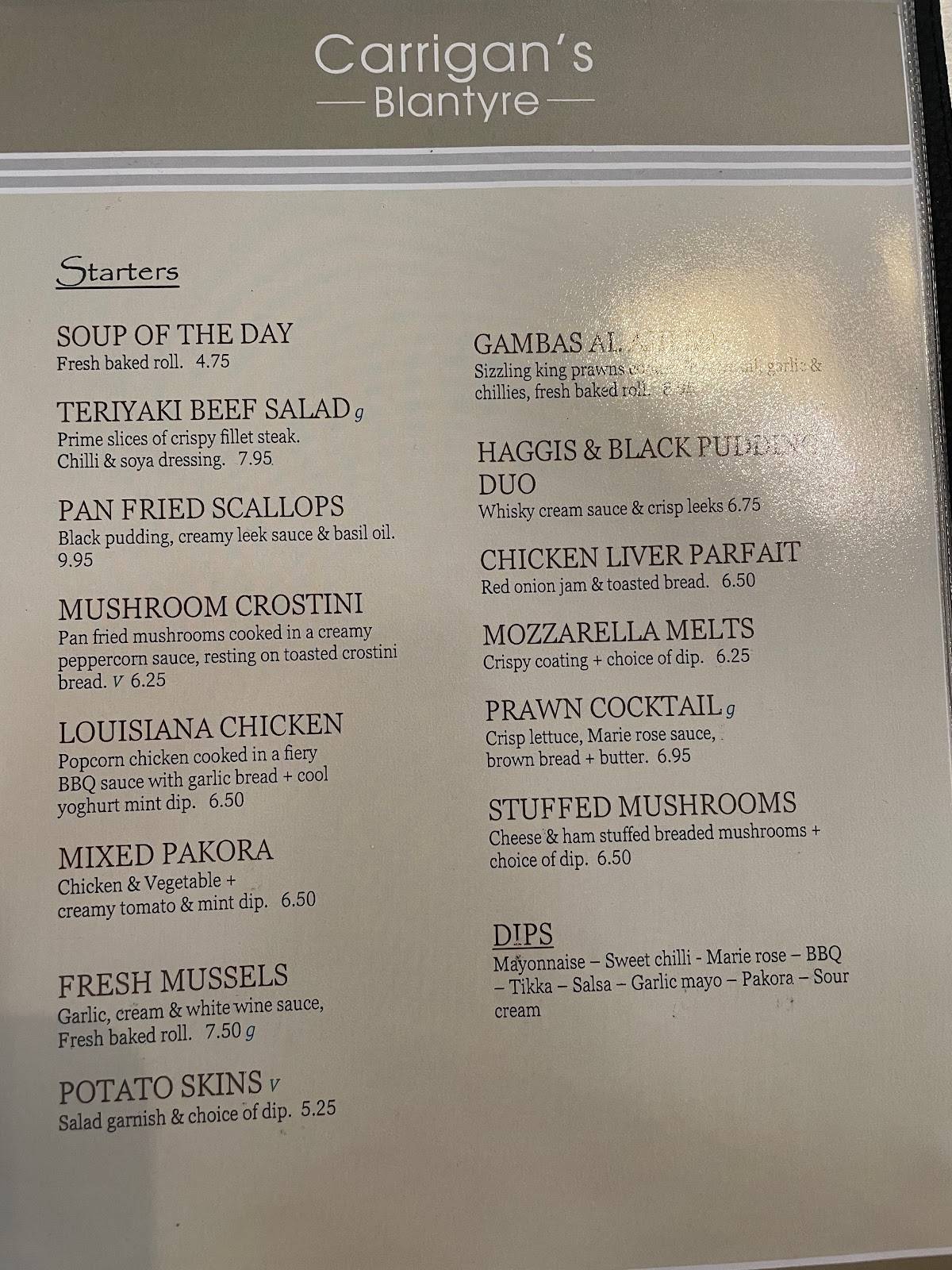 Menu at Carrigan's Blantyre restaurant, Glasgow
