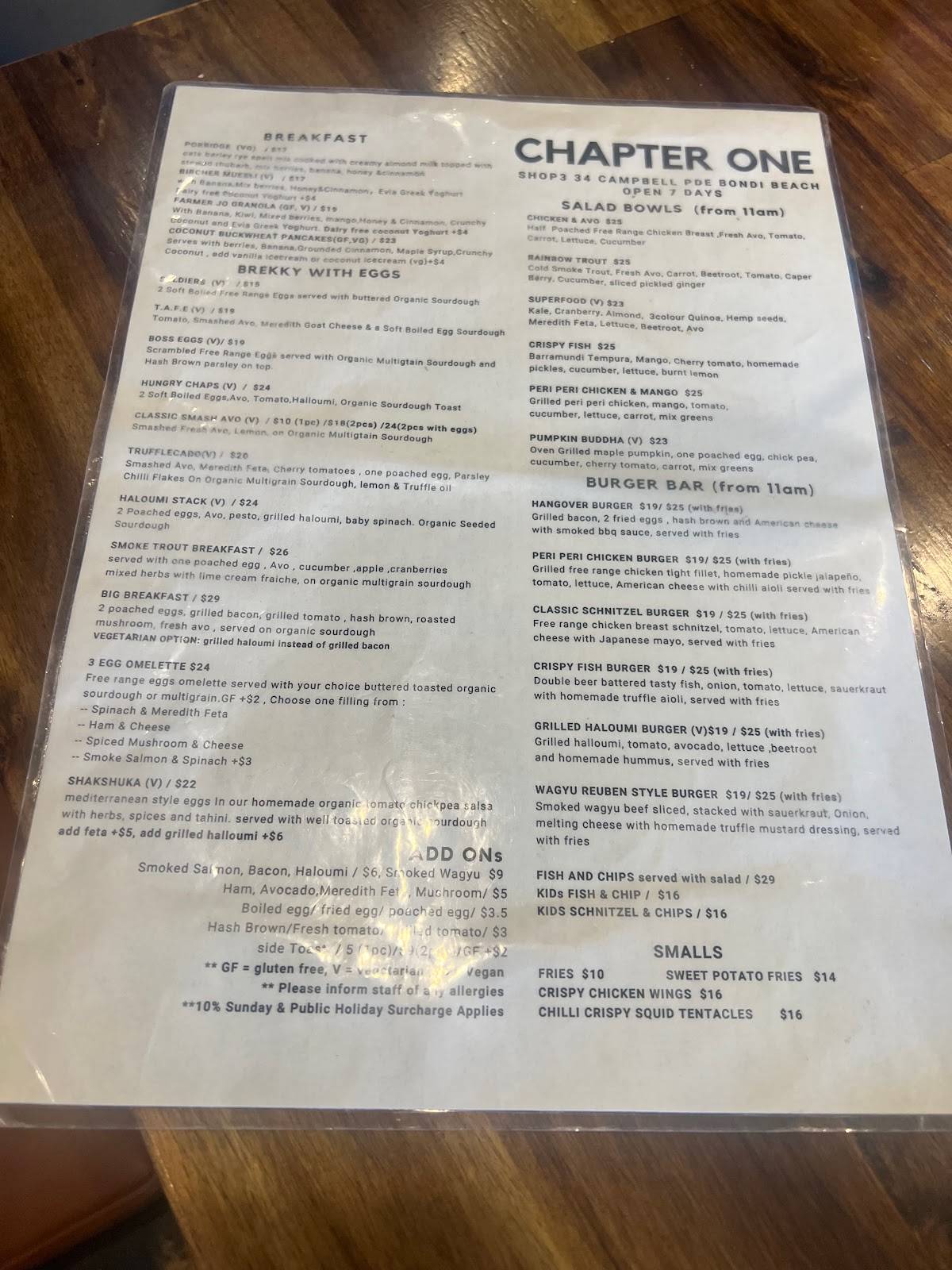 Menu at Chapter One Café & Wine Room. restaurant, Bondi Beach, 34 ...