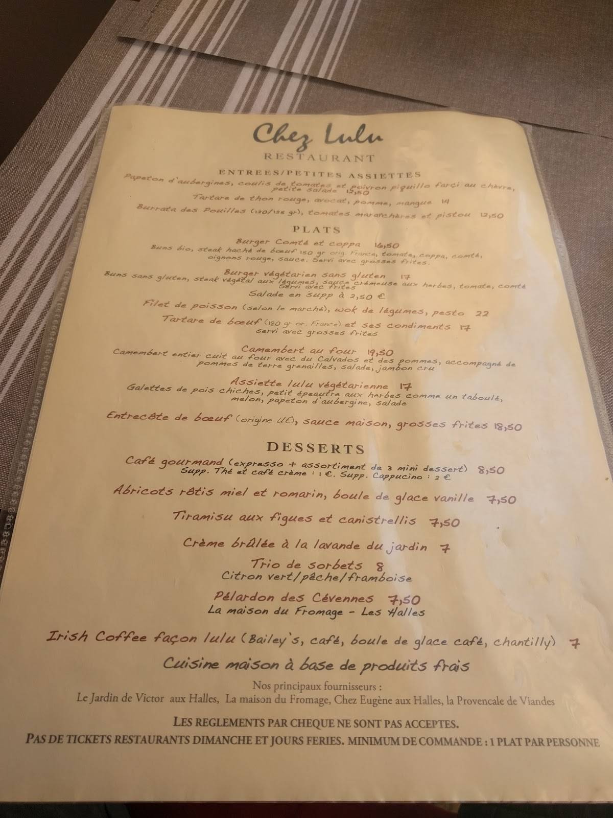 Menu at Chez Lulu restaurant, Avignon