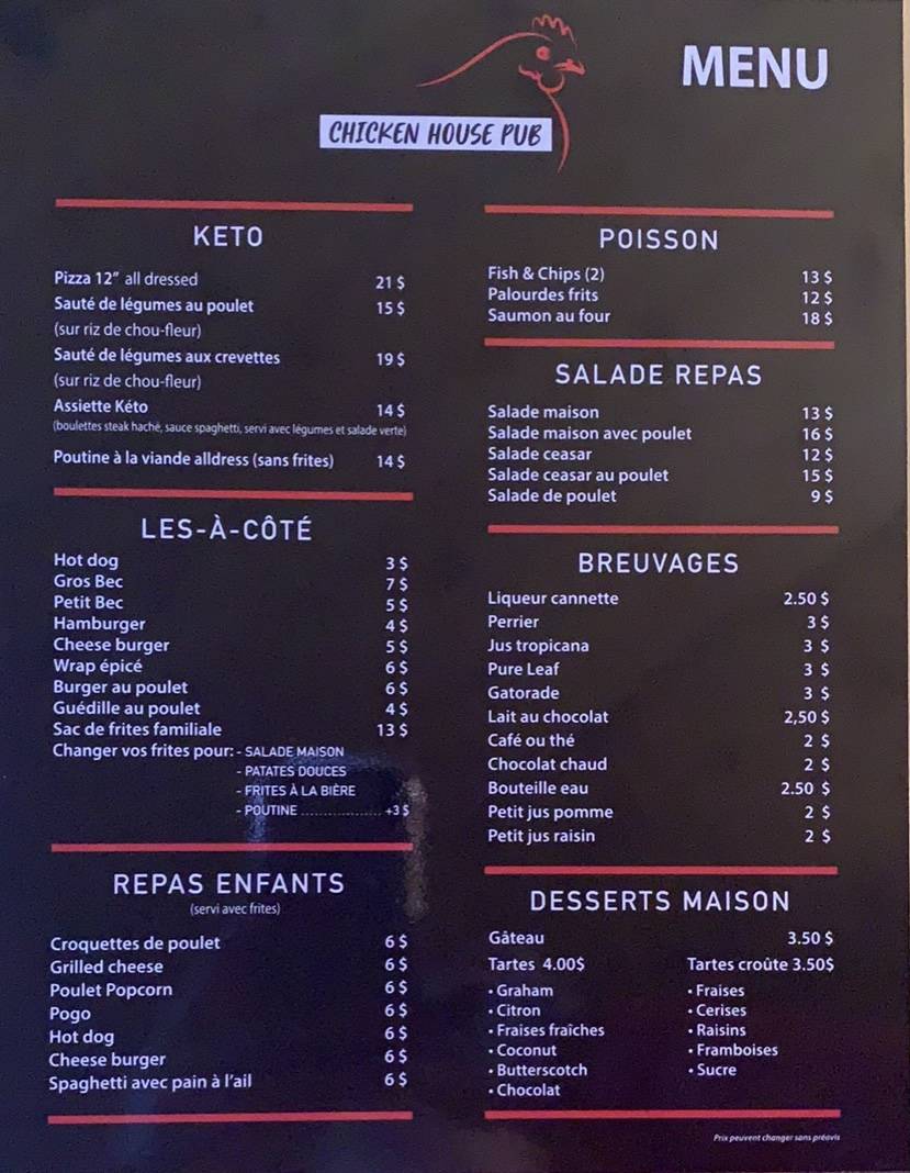 Menu au Chicken House Pub, Saint-François-de-Madawaska