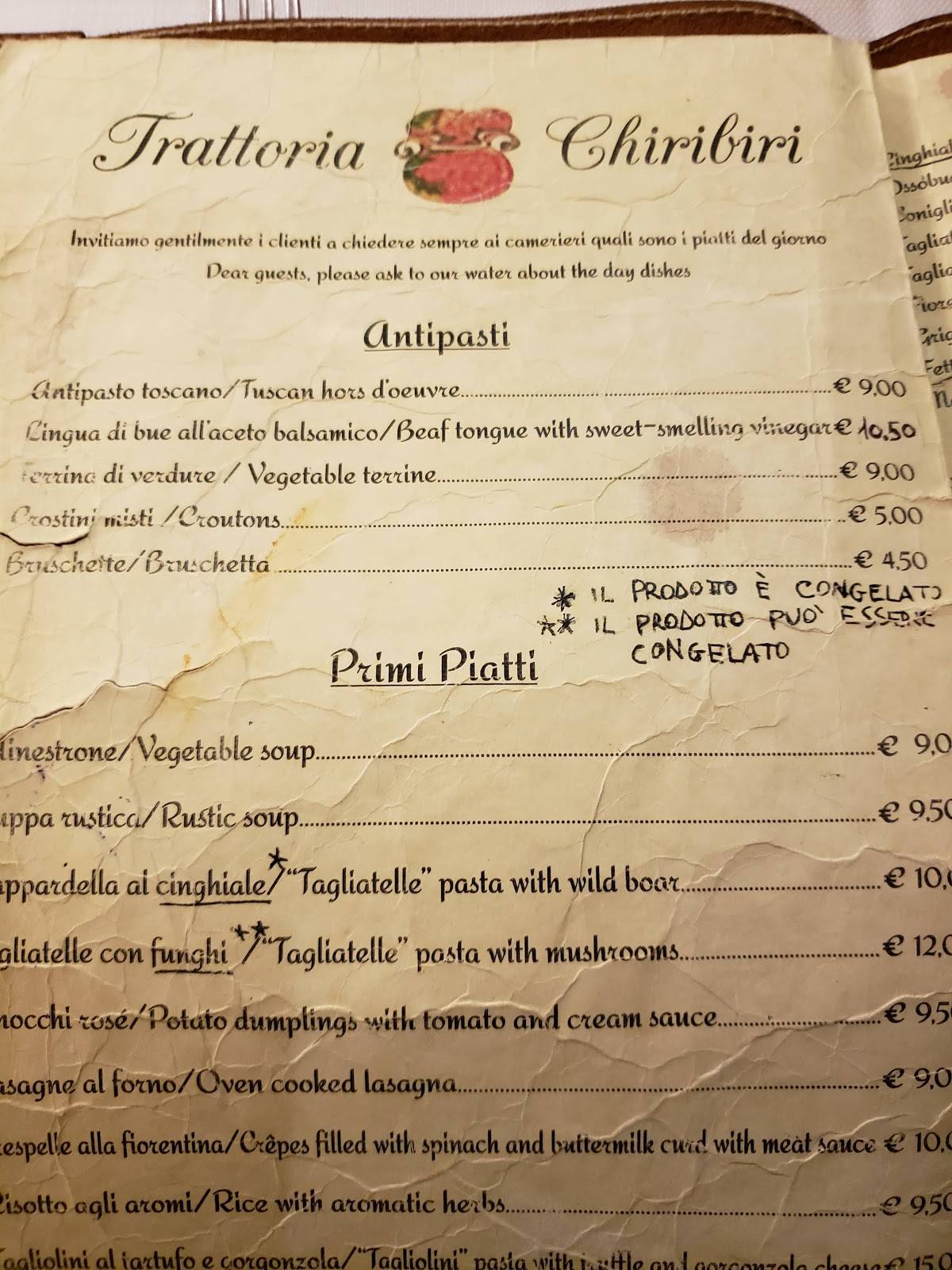 Speisekarte von Chiribiri restaurant, San Gimignano