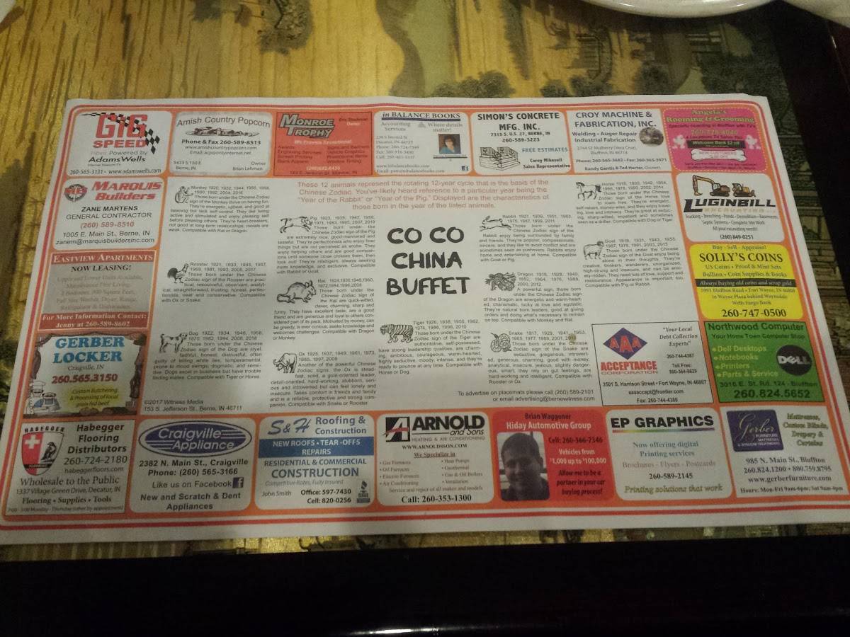Menu at Coco China Buffet restaurant, Bluffton