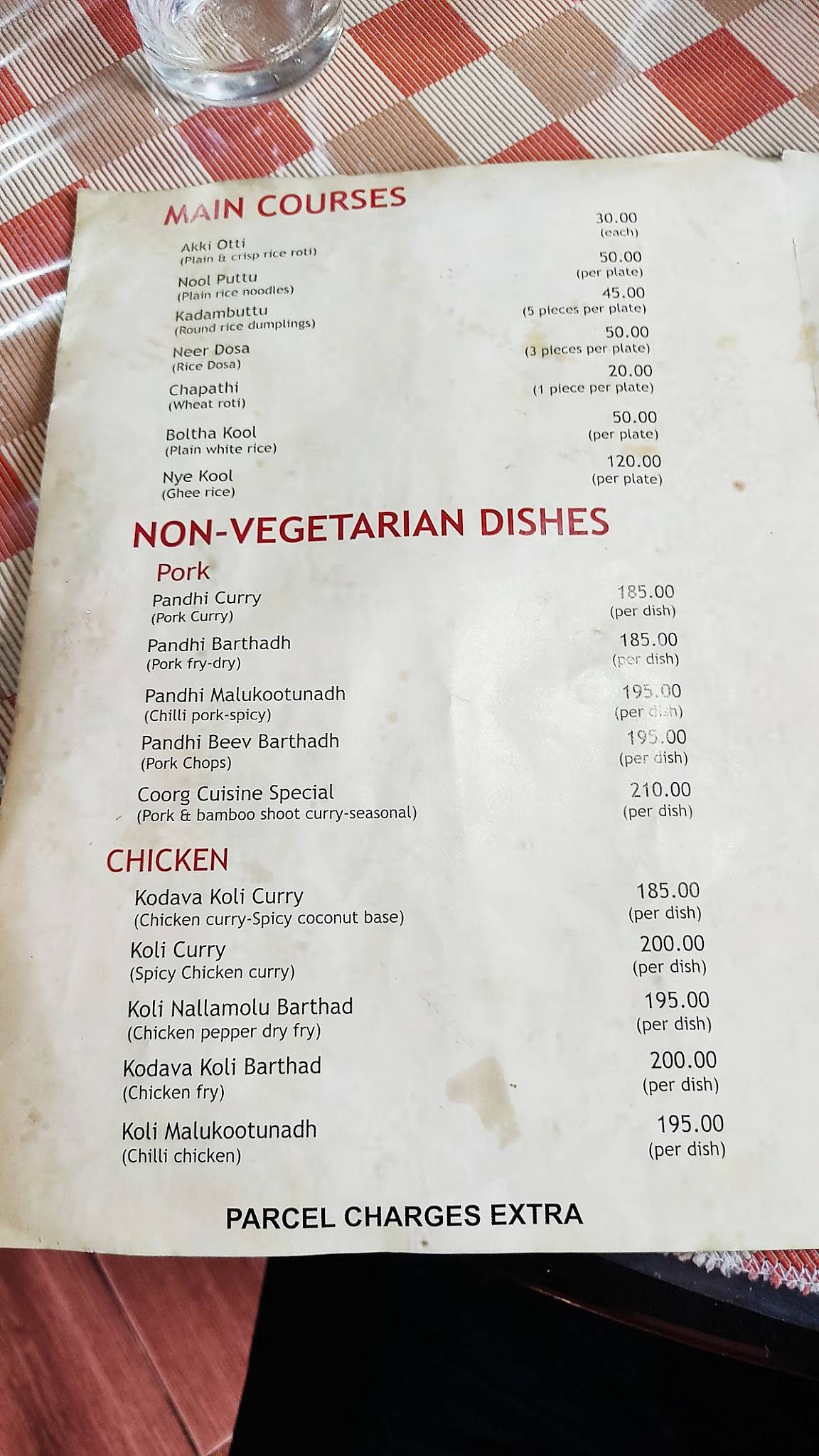 Menu at Coorg Cuisine, Madikeri