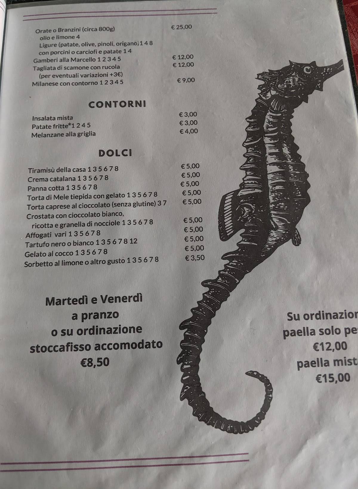 Menu da Da Marcello ristorante, Genova, Piazza Marassi