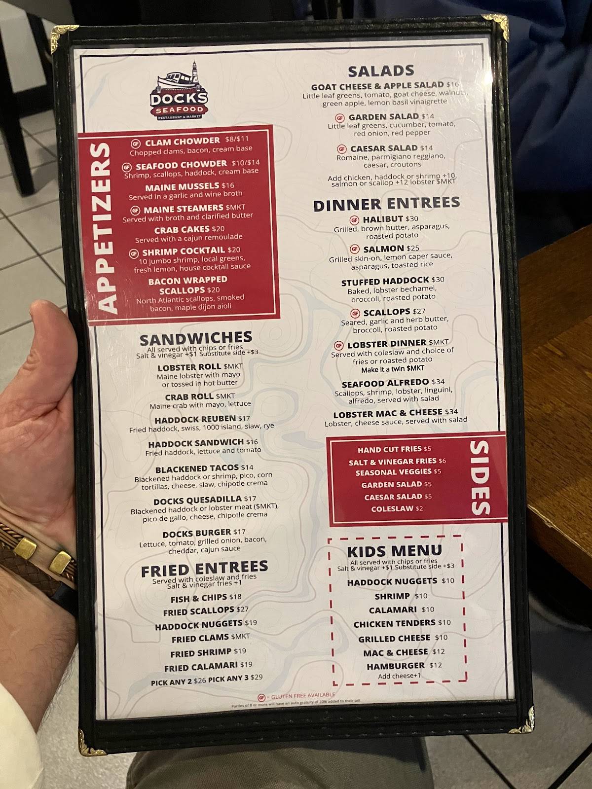 Menu at Docks Seafood restaurant, South Portland