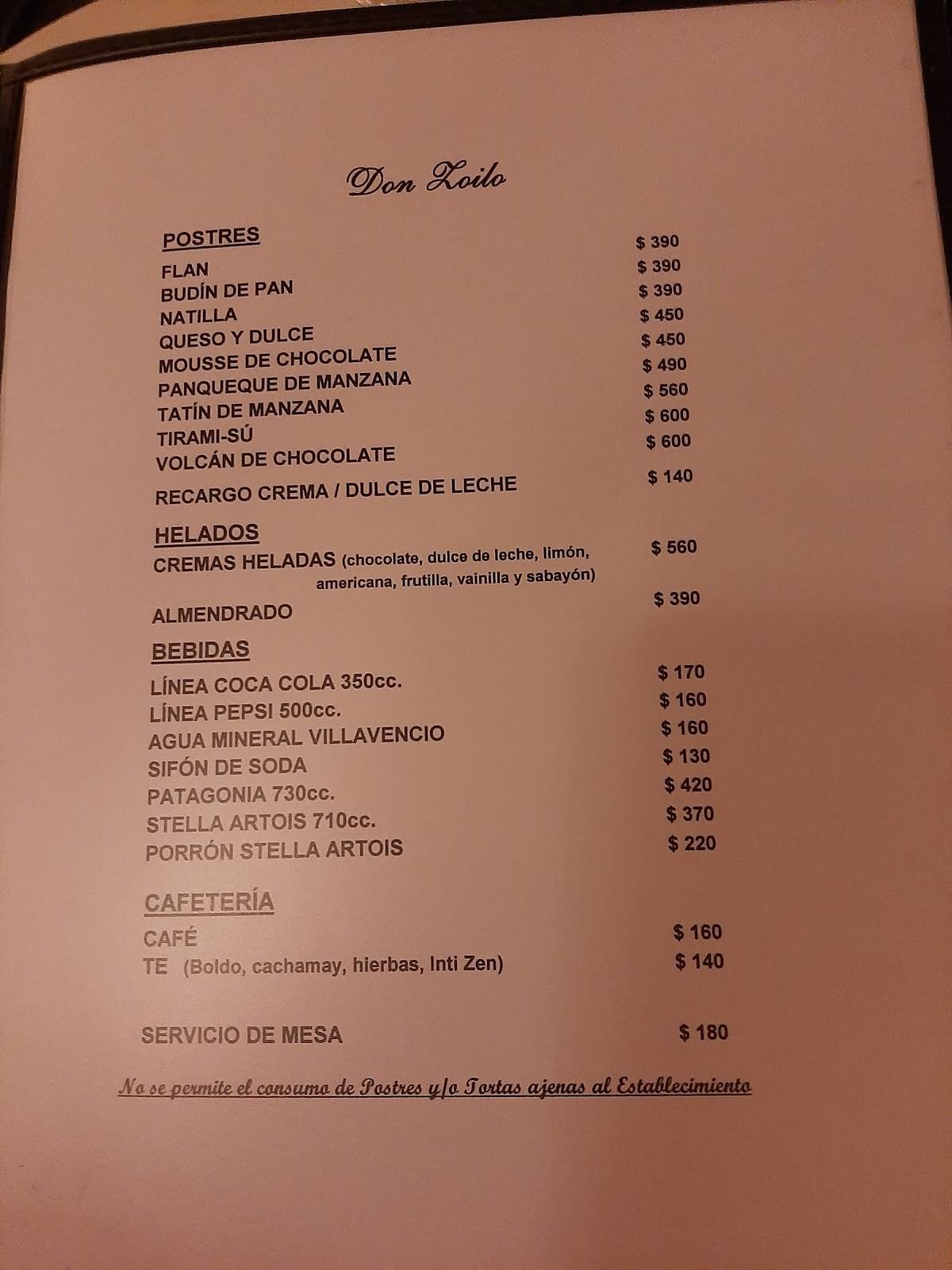 Carta del restaurante Don Zoilo, Buenos Aires