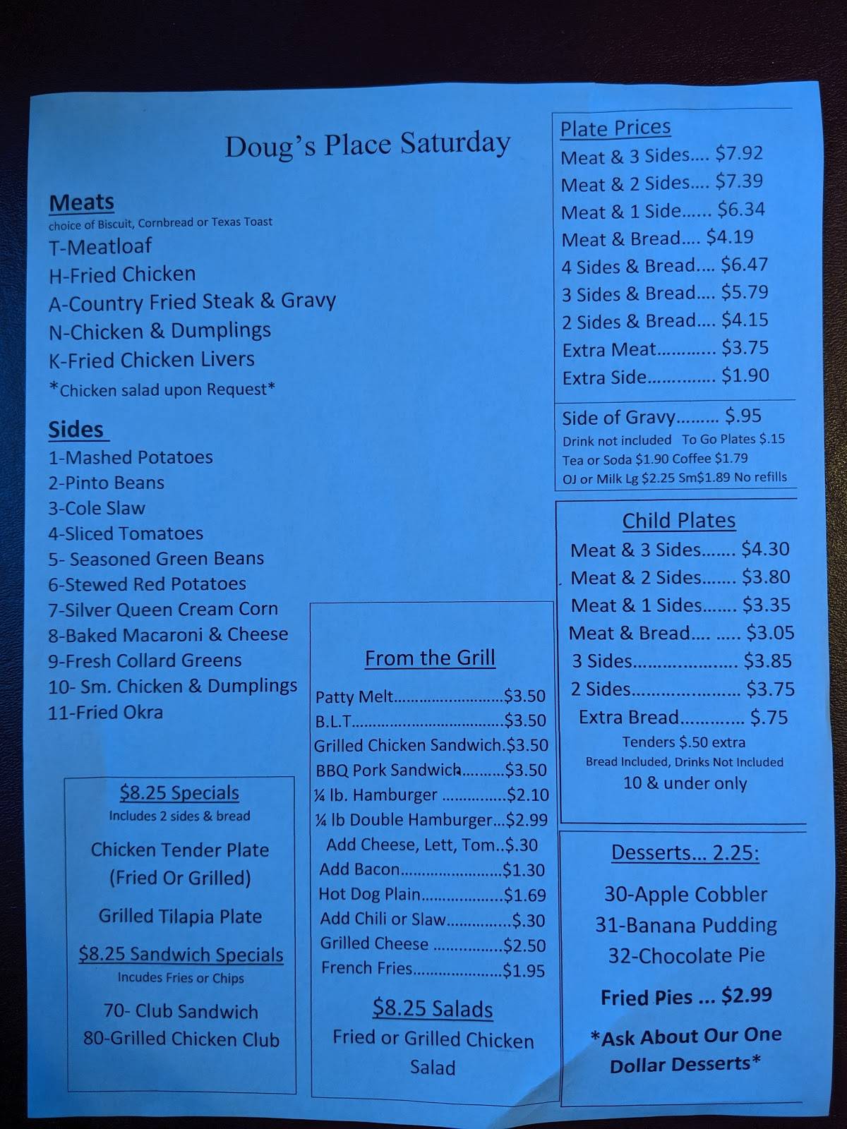 Menu at Doug's Place restaurant, Emerson, 696 GA-293