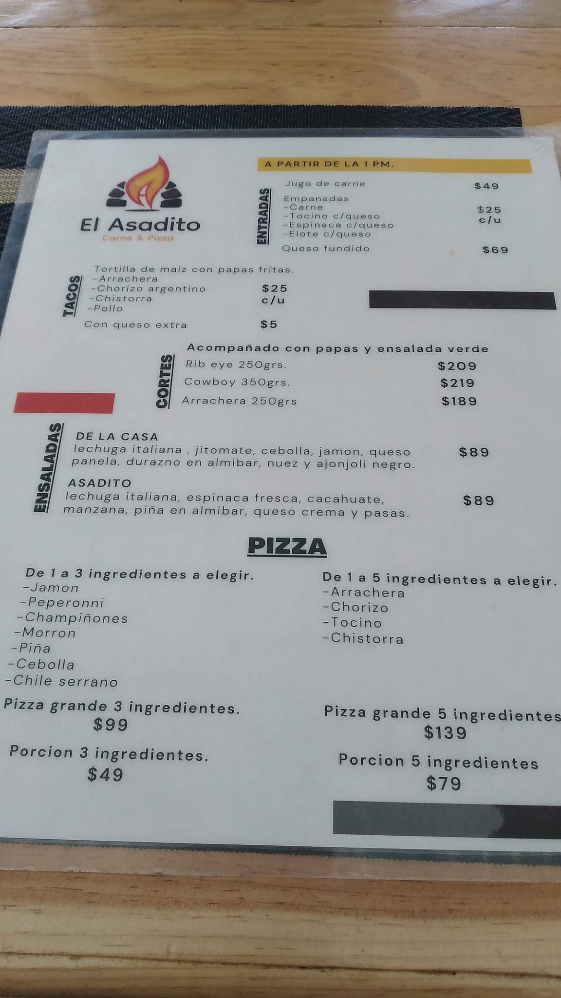 Carta del restaurante El Asadito santa fe, Mexico