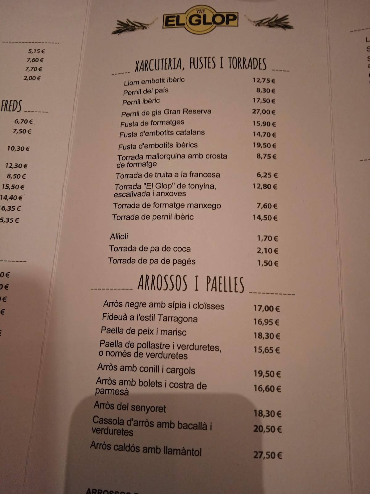 Carta del restaurante El Glop Gaudí, Barcelona