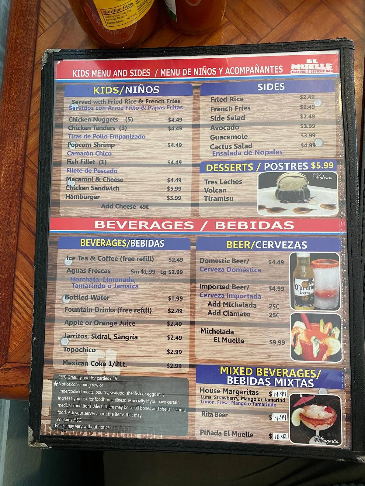 Menu at El Muelle restaurant, Houston