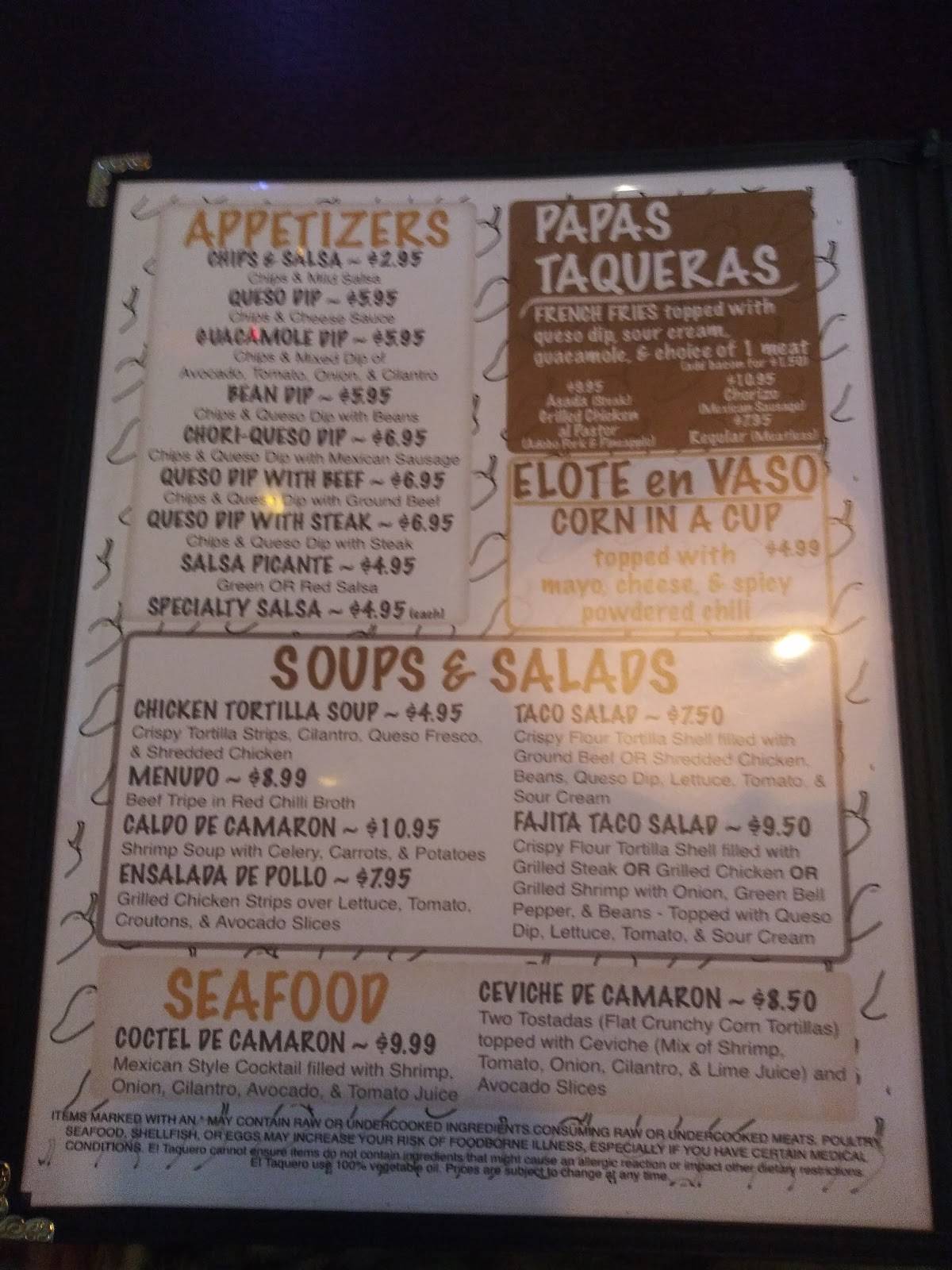 Menu at El Taquero restaurant, Fort Wayne