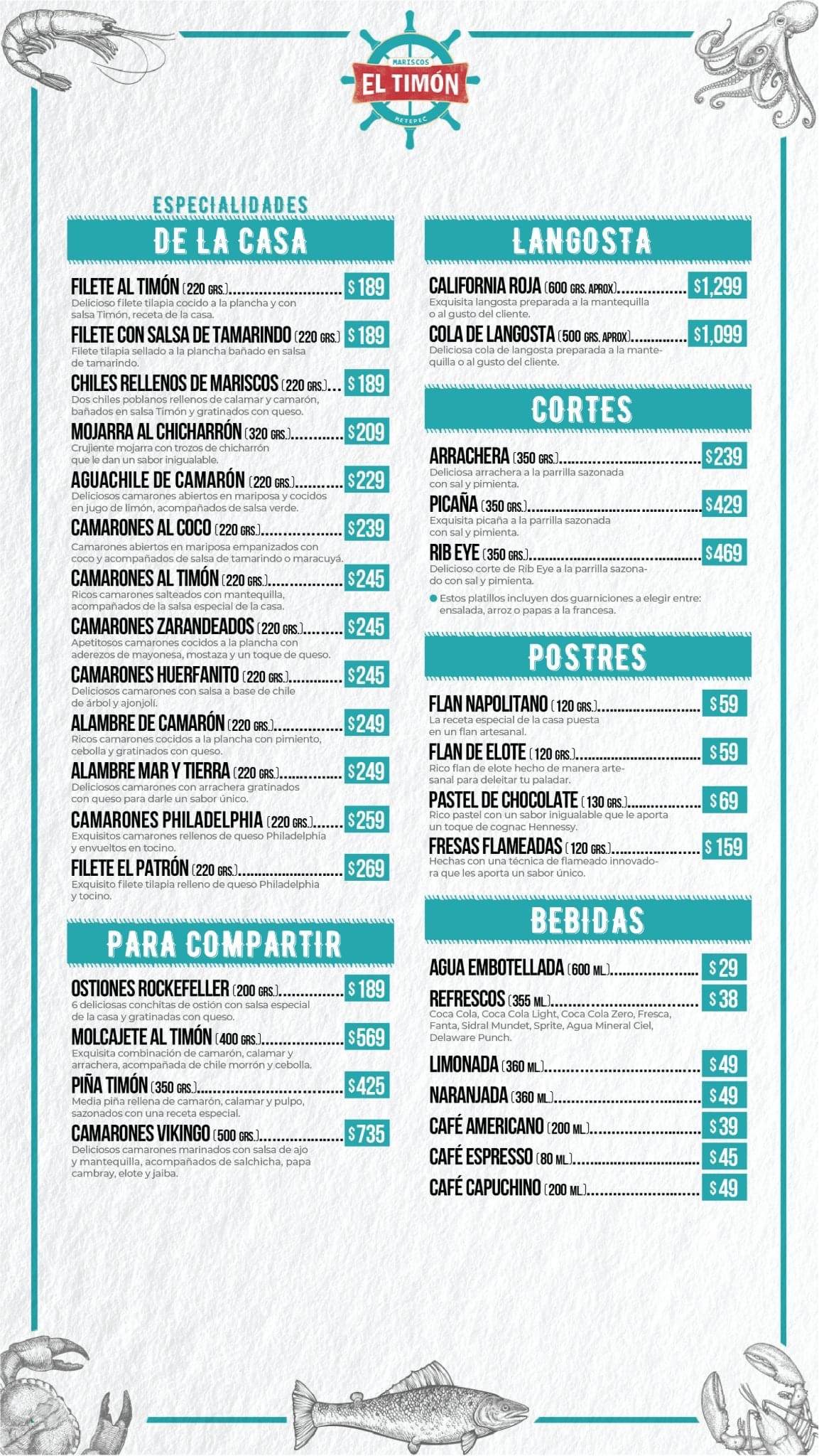 Menu at El Timón Metepec restaurant, Metepec