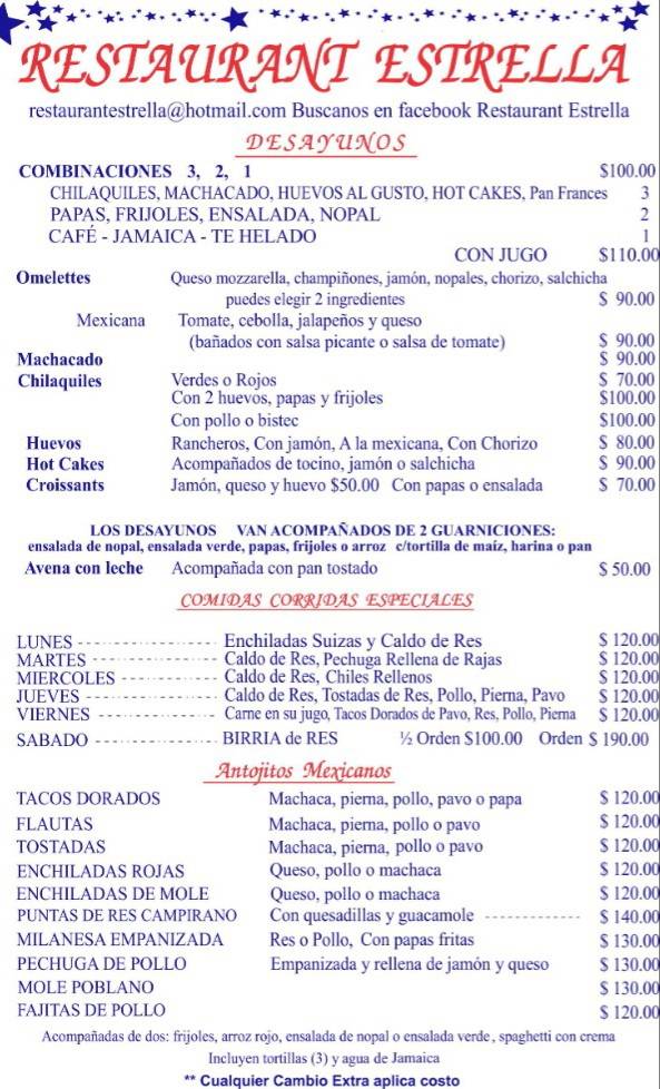 Carta de Restaurante La Estrellita, Mexicali