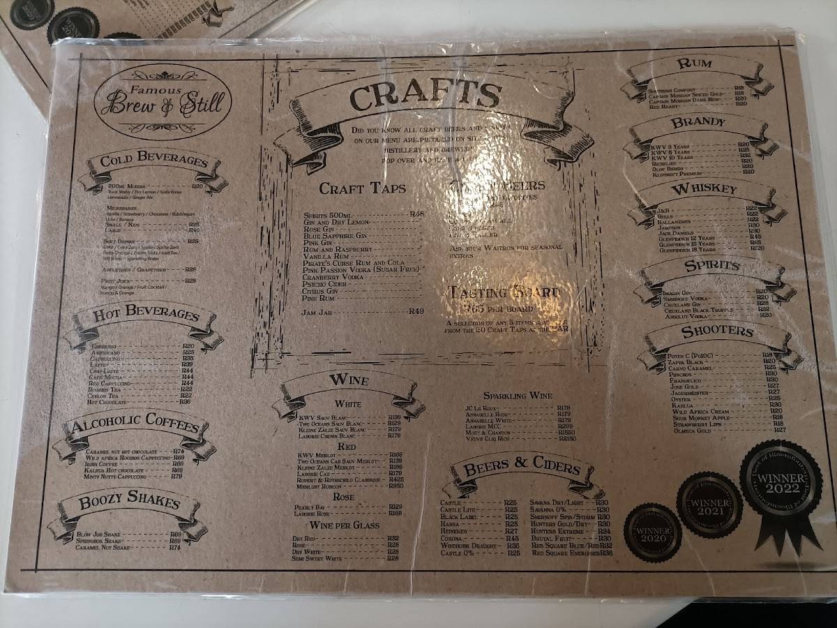 Menu at Famous Brew & Still restaurant, Bloemfontein