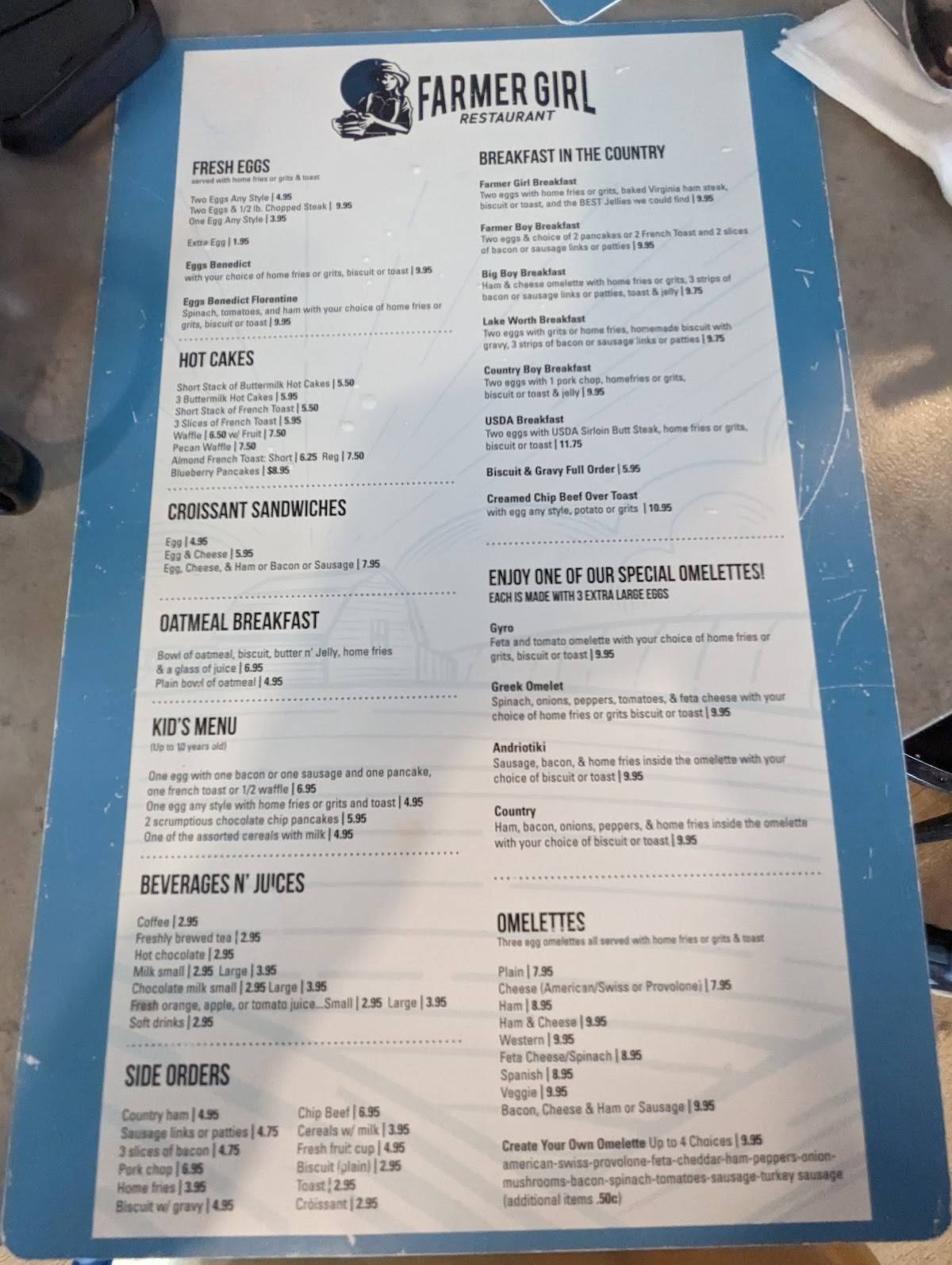 Menu at Farmer Girl Restaurant, Lake Worth